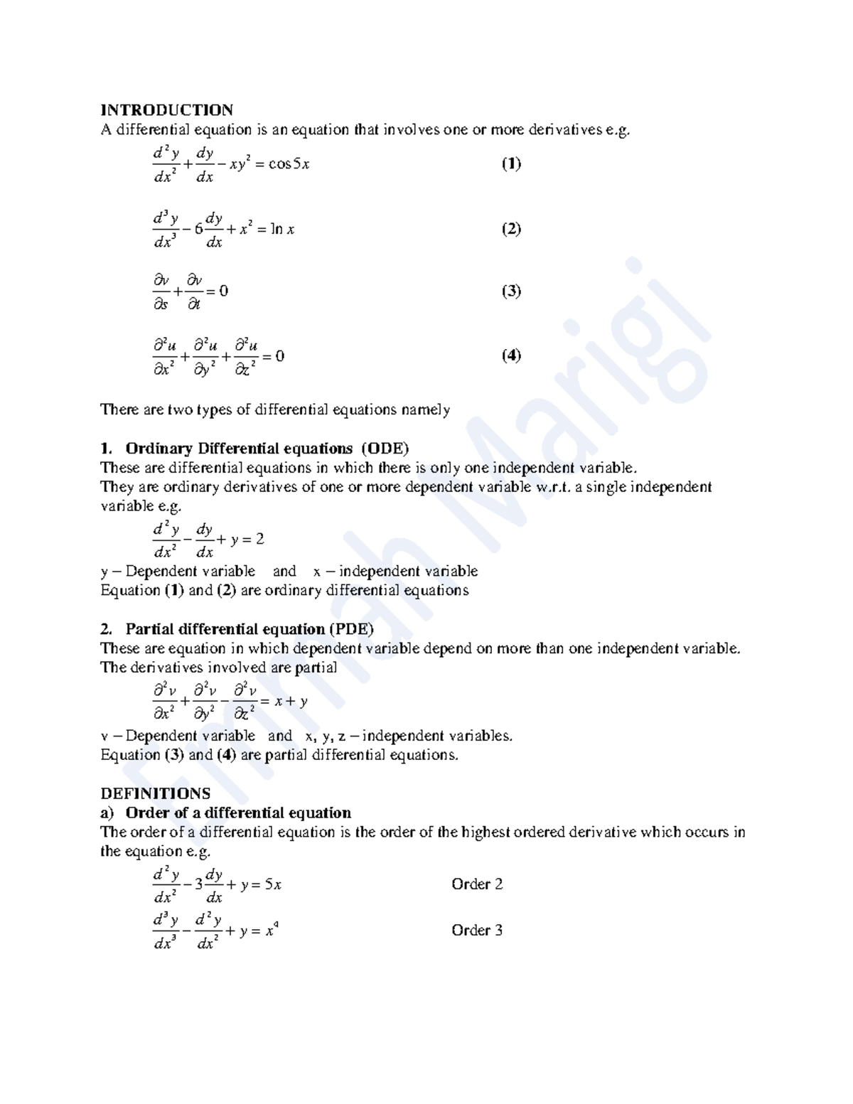 SMA 2232 Lec 1 - ode - INTRODUCTION A differential equation is an equation that involves one or ...