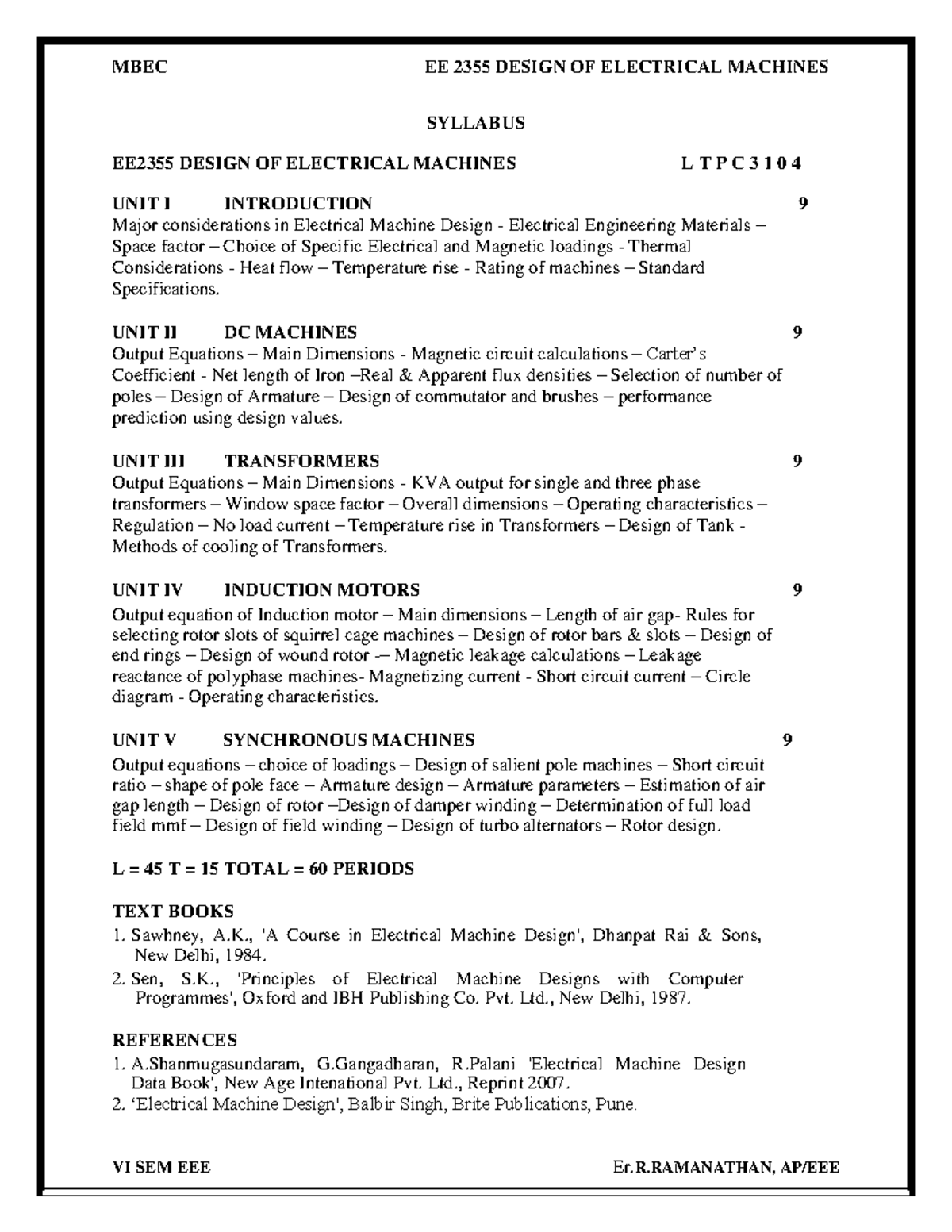 Design OF Electrical Machines - SYLLABUS EE2355 DESIGN OF ELECTRICAL ...