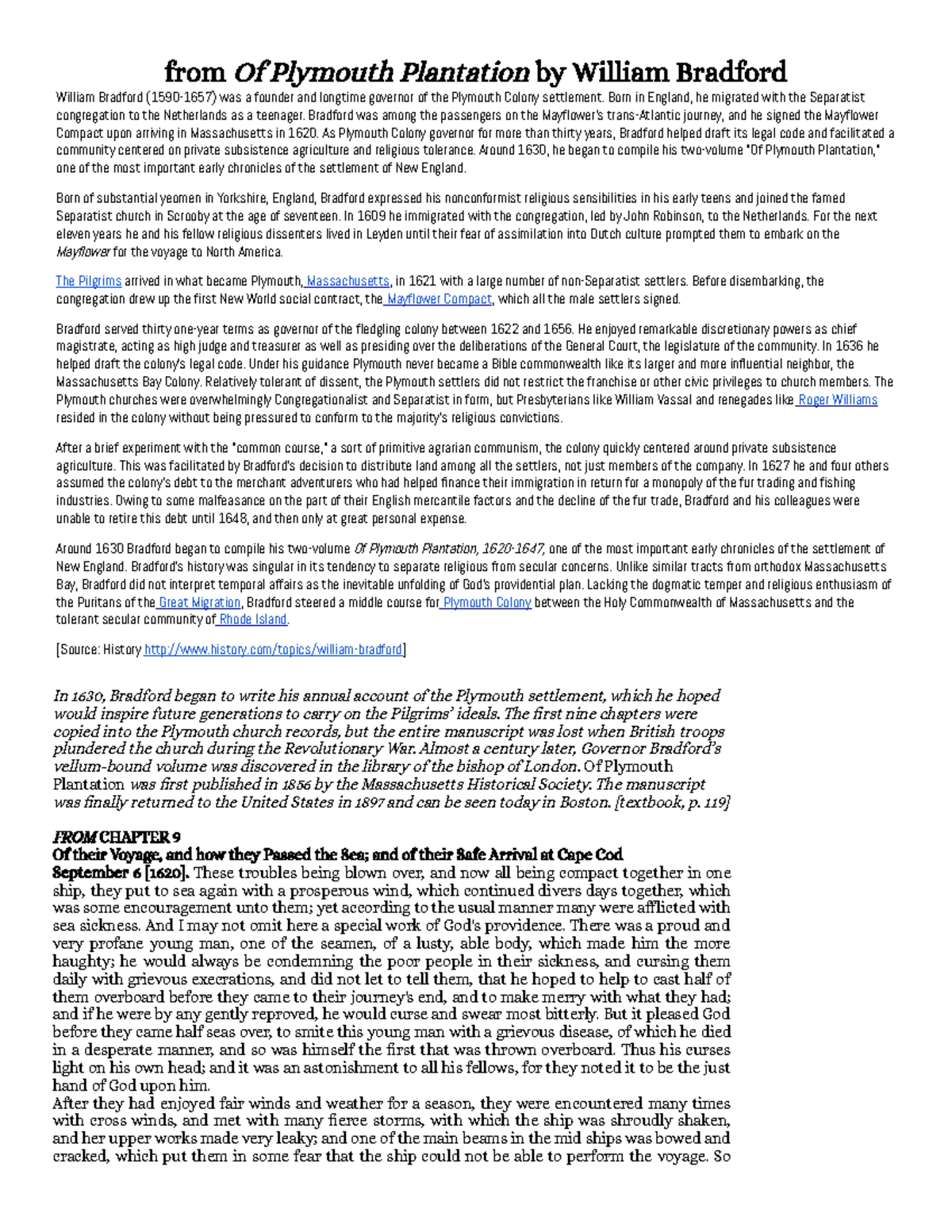 4 Copy of Bradford Plymouth Plantation - from Of Plymouth Plantation by ...