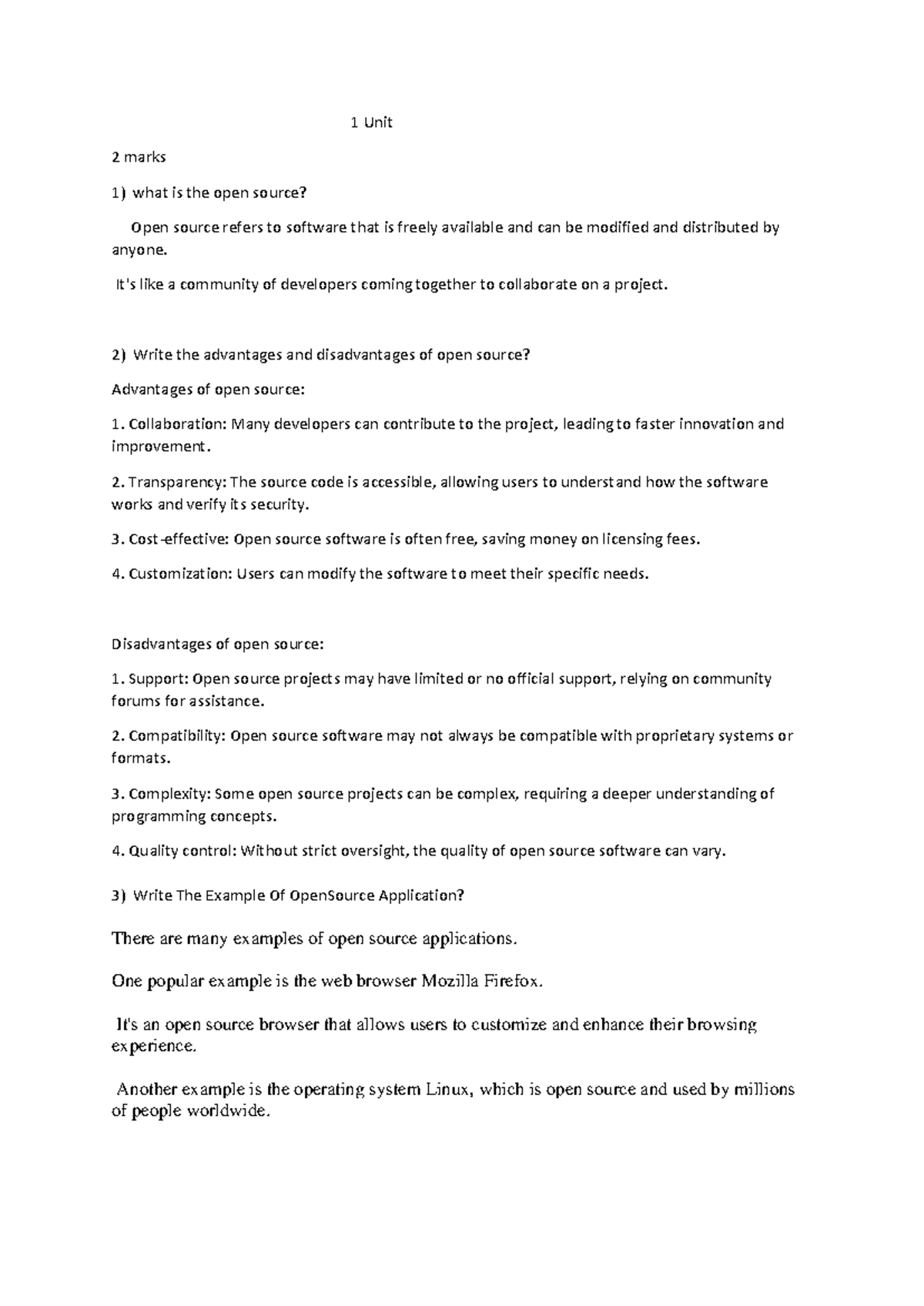 OST Unit 1 2m - 1 Unit 2 marks what is the open source? Open source refers to software that is ...