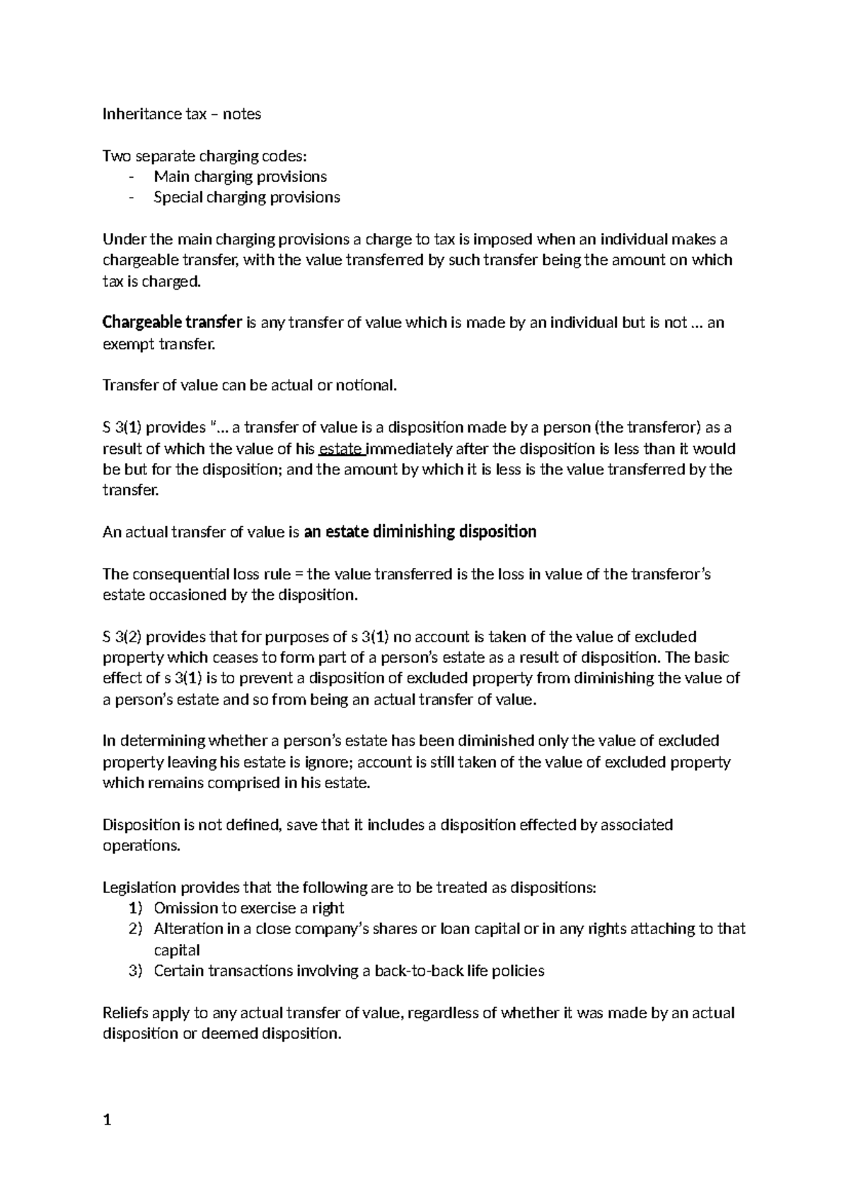 Summary Notes Inheritance Tax - Inheritance tax – notes Two separate ...