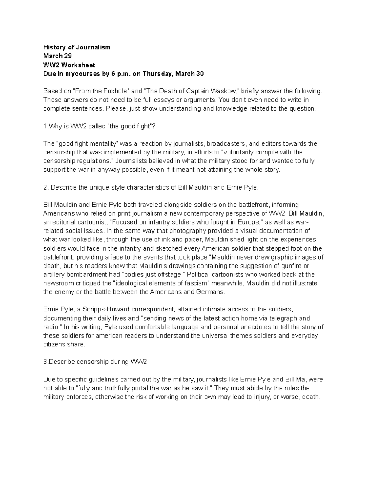 Newman WWII - Grade: A - History of Journalism March 29 WW2 Worksheet ...