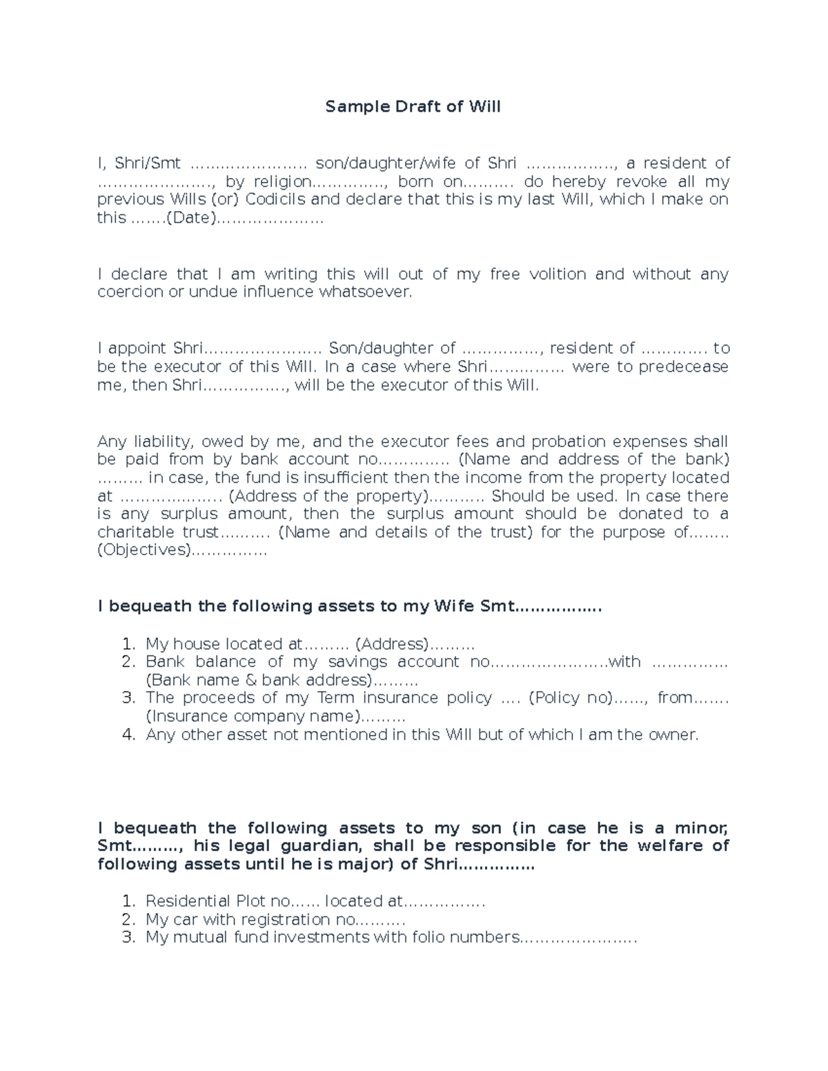 WILL - will - Sample Draft of Will I, Shri/Smt ...