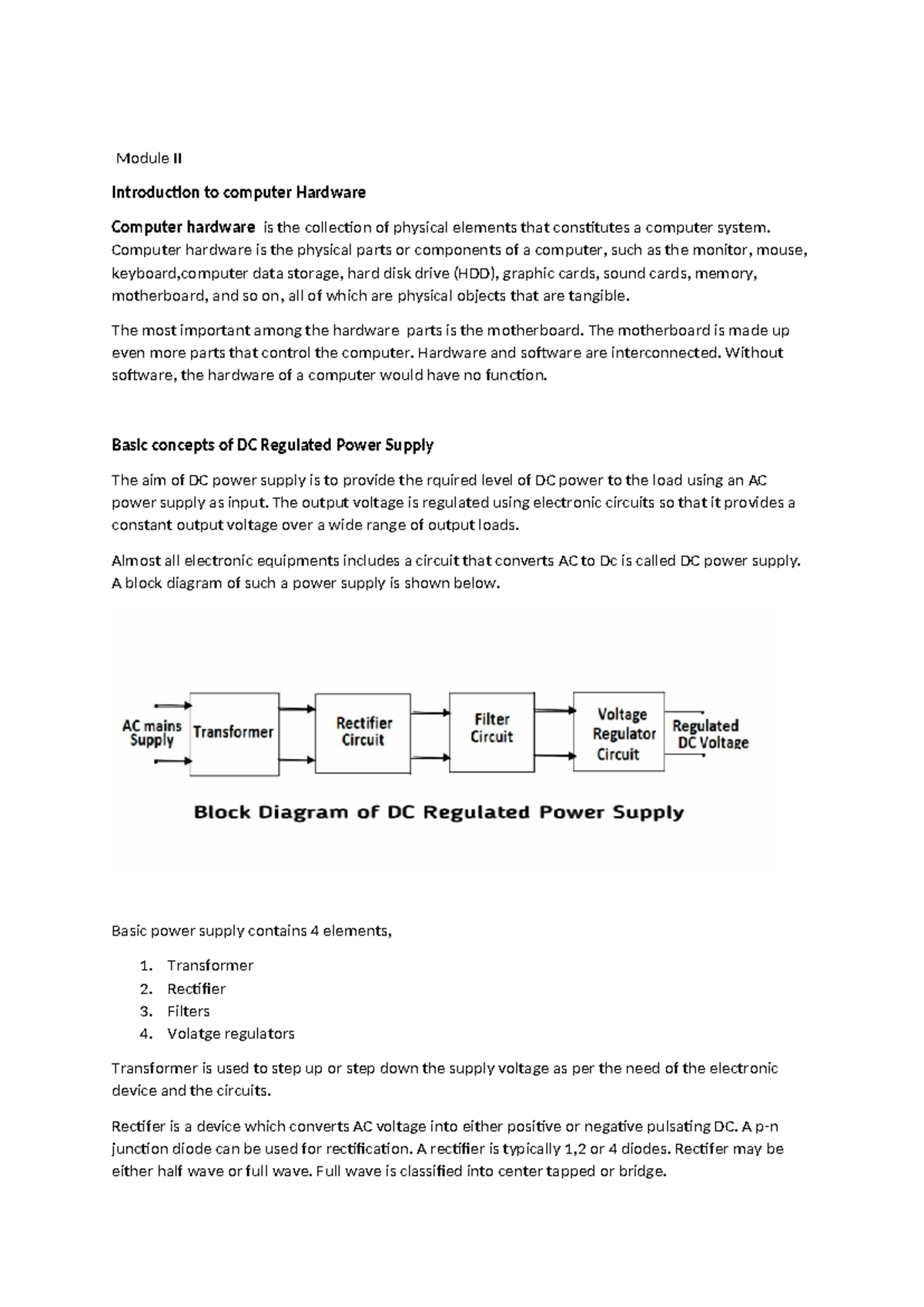 Module 2- Basics of PC Hardware - Module II Introduction to computer Hardware Computer hardware ...