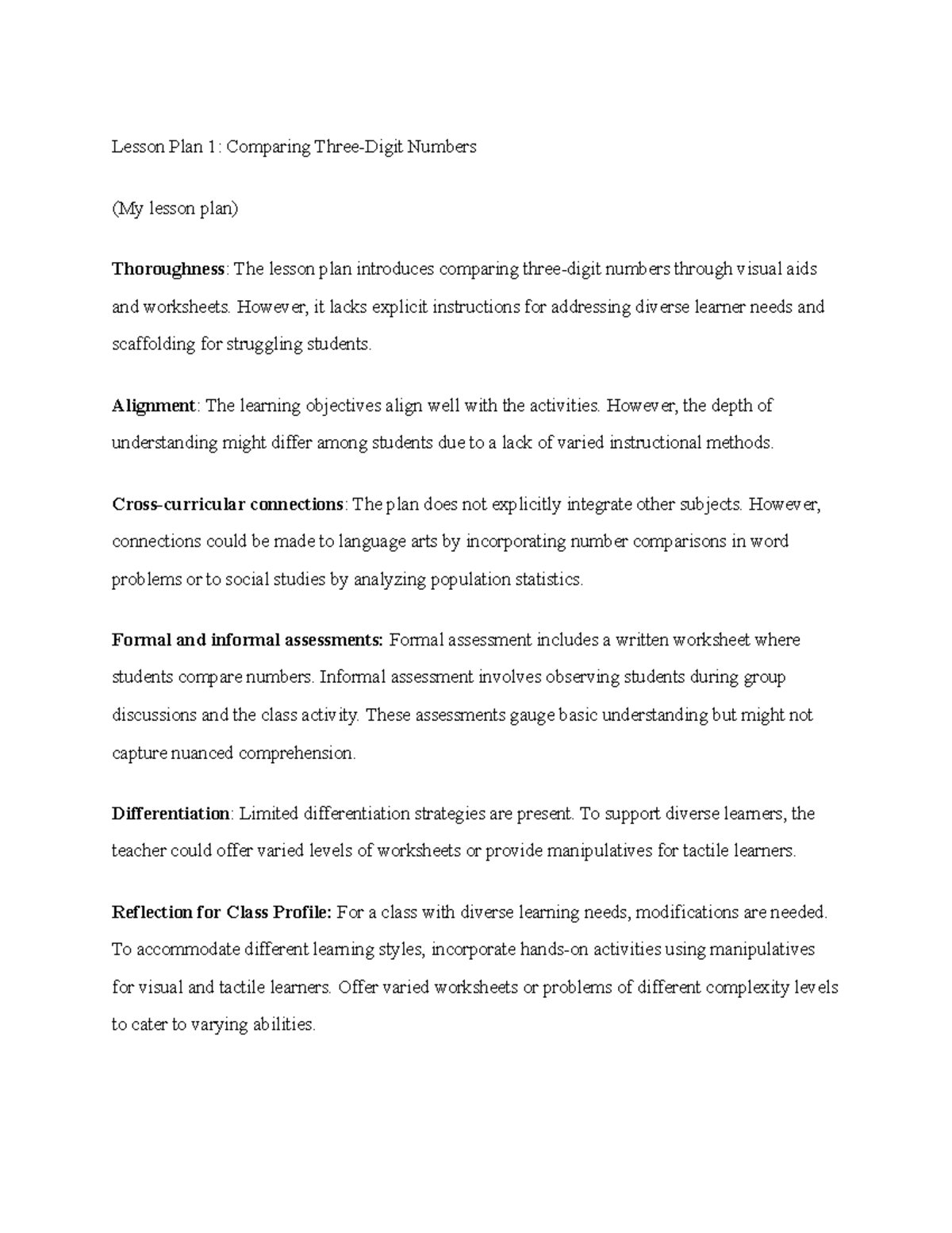 ELM 210 lesson plan comparison - Lesson Plan 1: Comparing Three-Digit ...