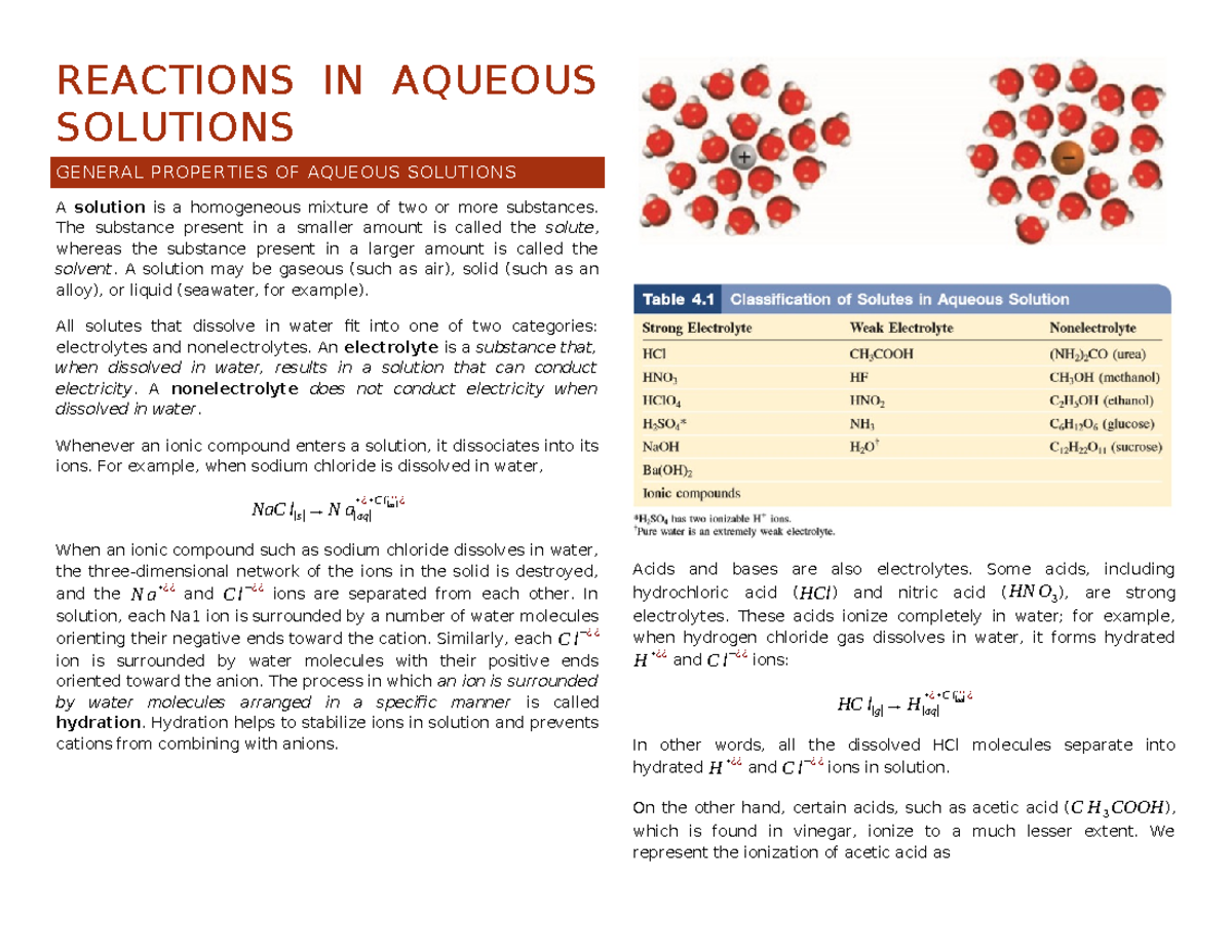Chapter 4 Reactions in Aqueous Solutions - Copy - REACTIONS IN AQUEOUS SOLUTIONS GENERAL ...