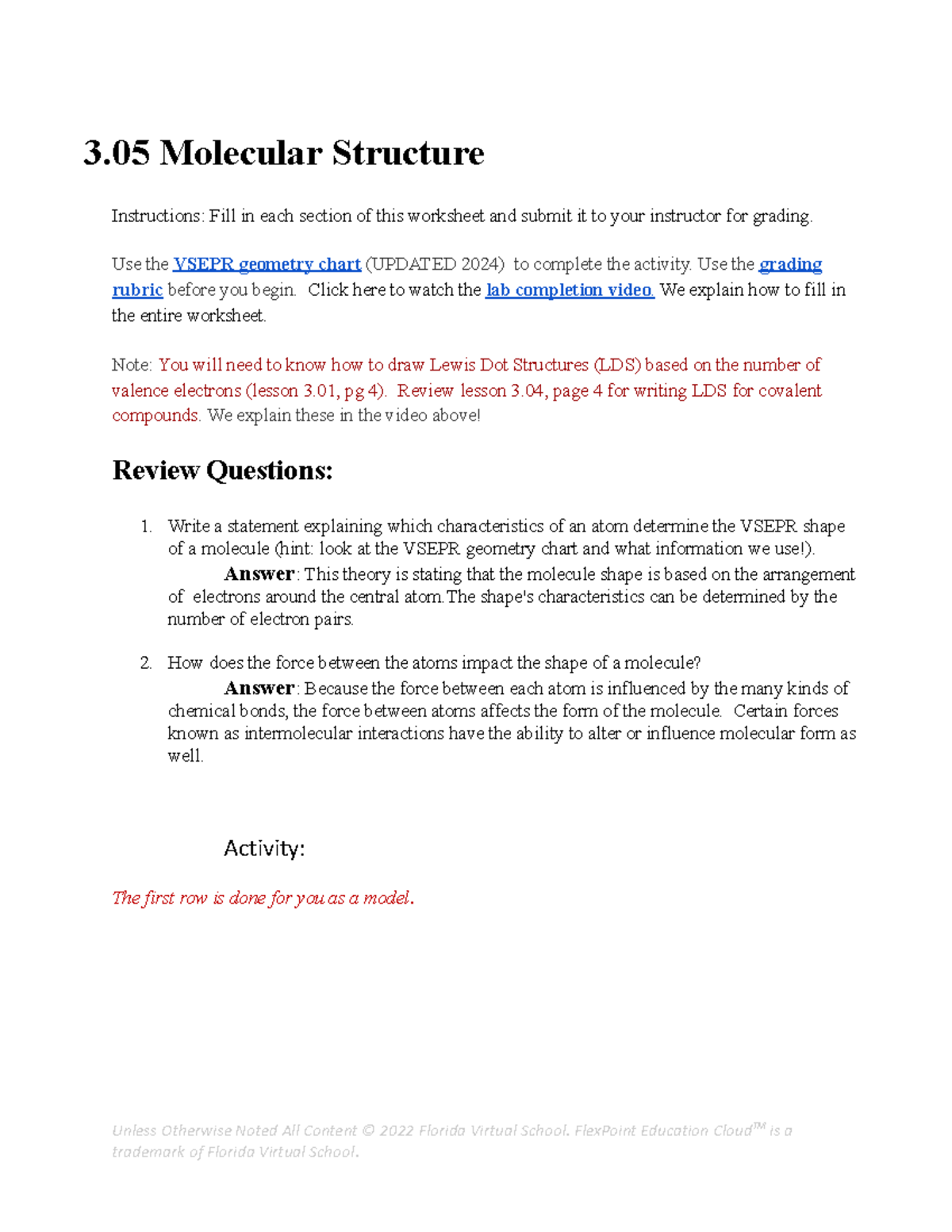 Copy Of 3 05 Molecular Structure Worksheet 3 Molecular Structure