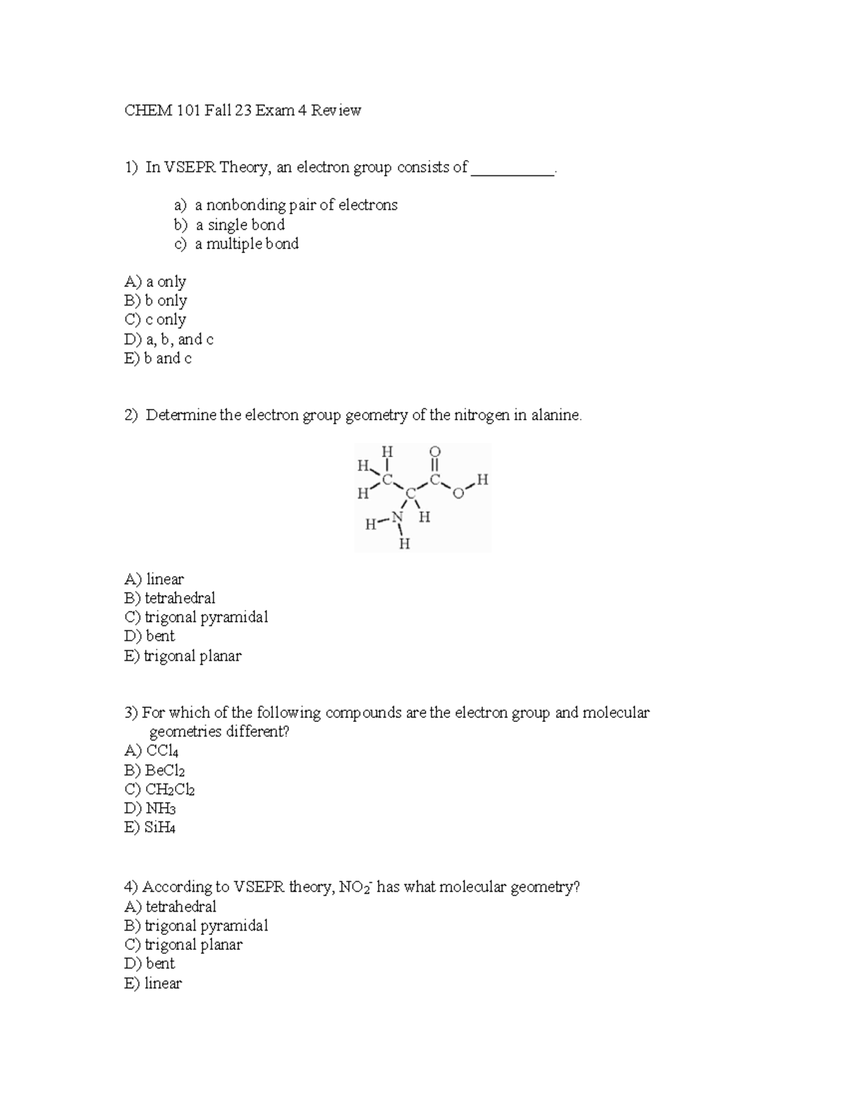 F23 Exam 4 review questions - CHEM 101 Fall 23 Exam 4 Review In VSEPR ...