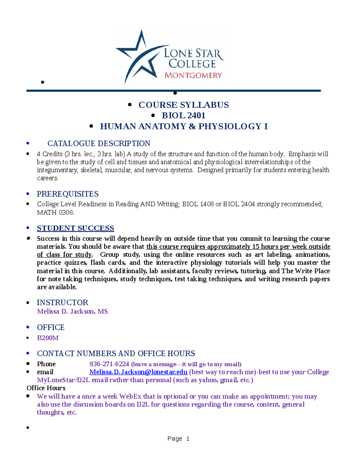 Human Anatomy & Physiology I - COURSE SYLLABUS BIOL 2401 HUMAN ANATOMY ...