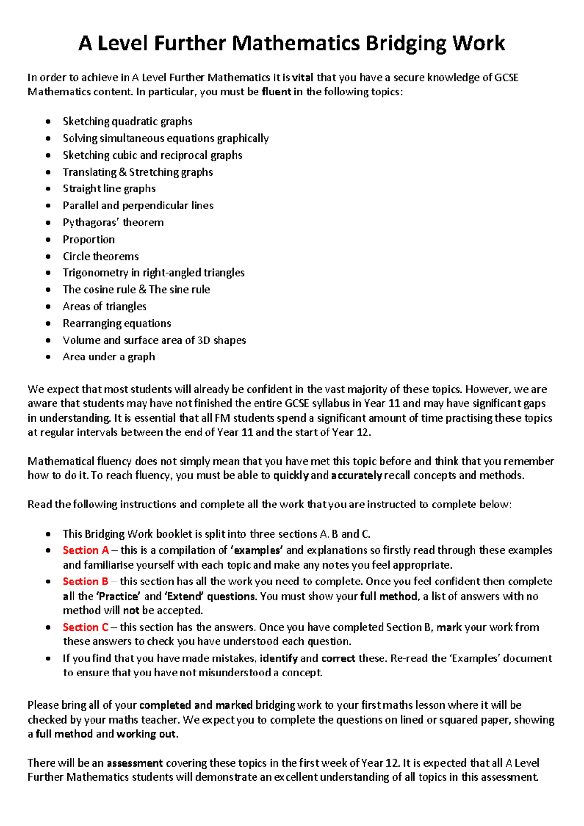 Alevel further mathematics bridging work - A Level Further Mathematics ...
