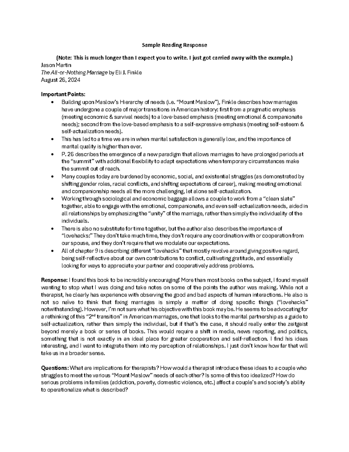 Sample Reading Response - Sample Reading Response (Note: This is much ...