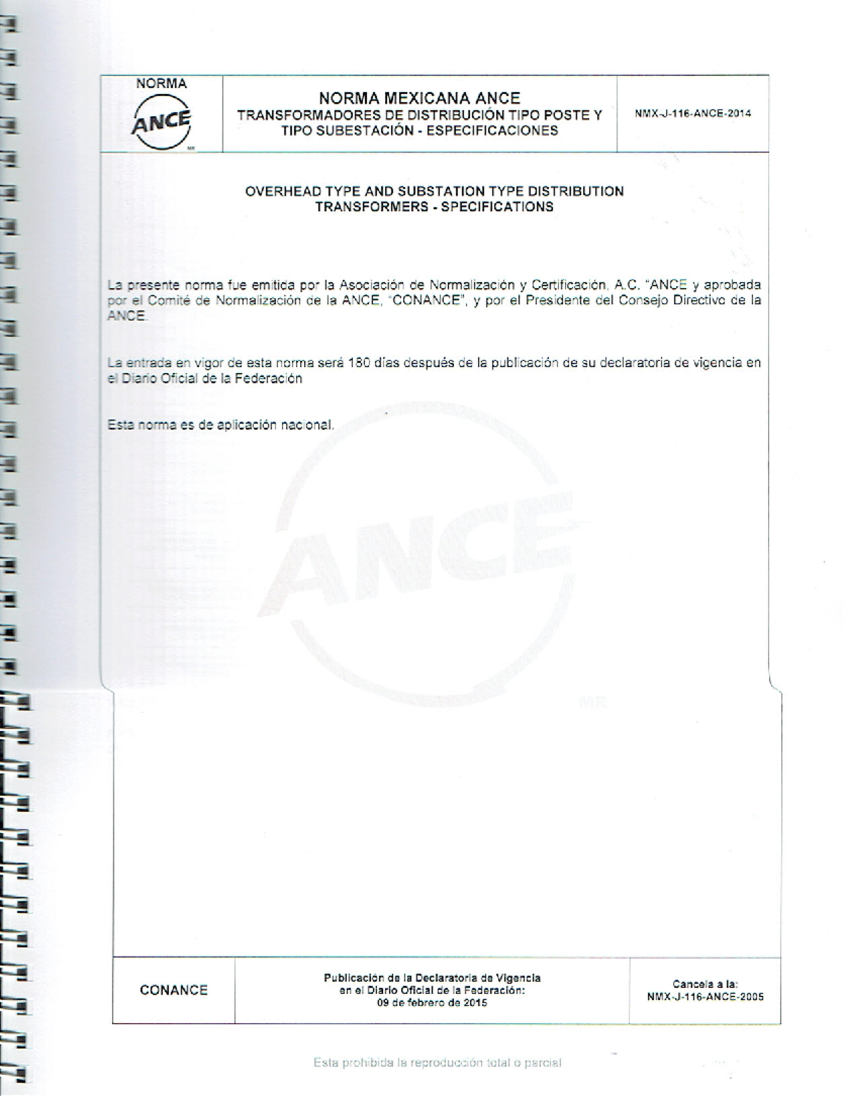 NMX J 116 ANCE 2014 - NORMAS - NORMA NORMA MEXICANA ANCE ANCE TRANSFORMADORES DE DISTRIBUCIÓN ...