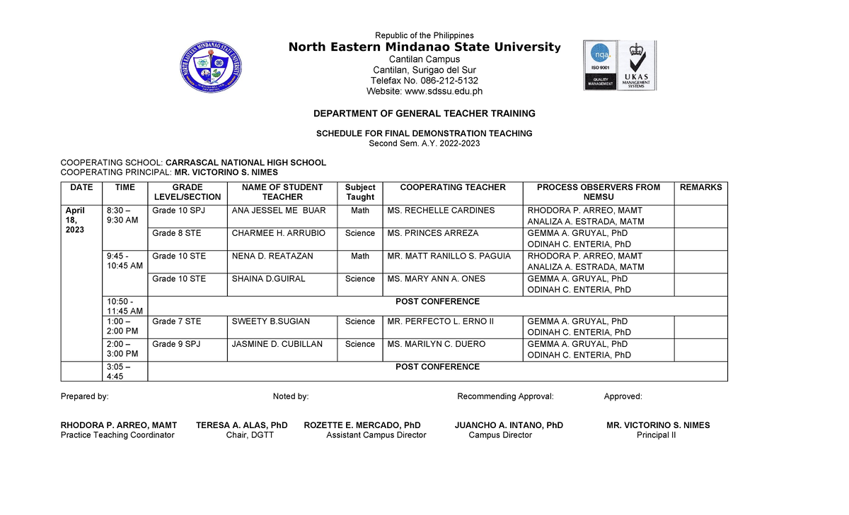 Grand-Demo-Sked Sample - Republic of the Philippines North Eastern Mindanao State University ...