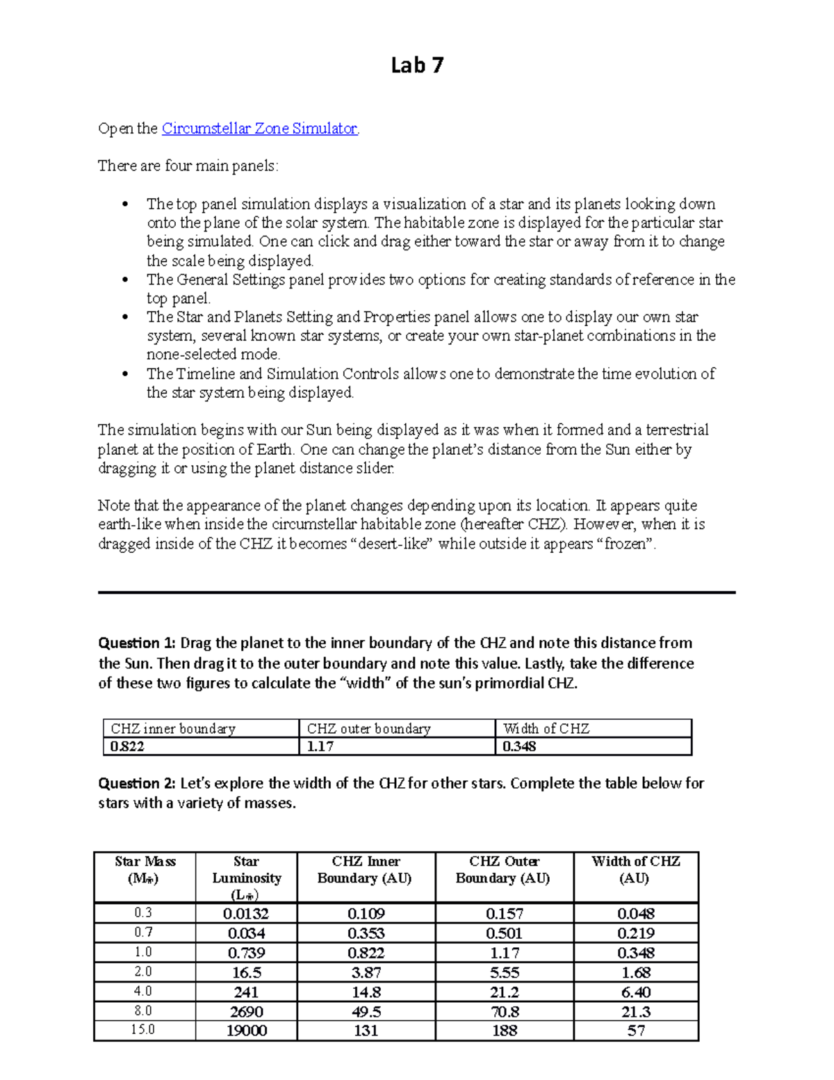 Lab 7 Activity CHZ - Open the Circumstellar Zone Simulator. There are four main panels: The top ...