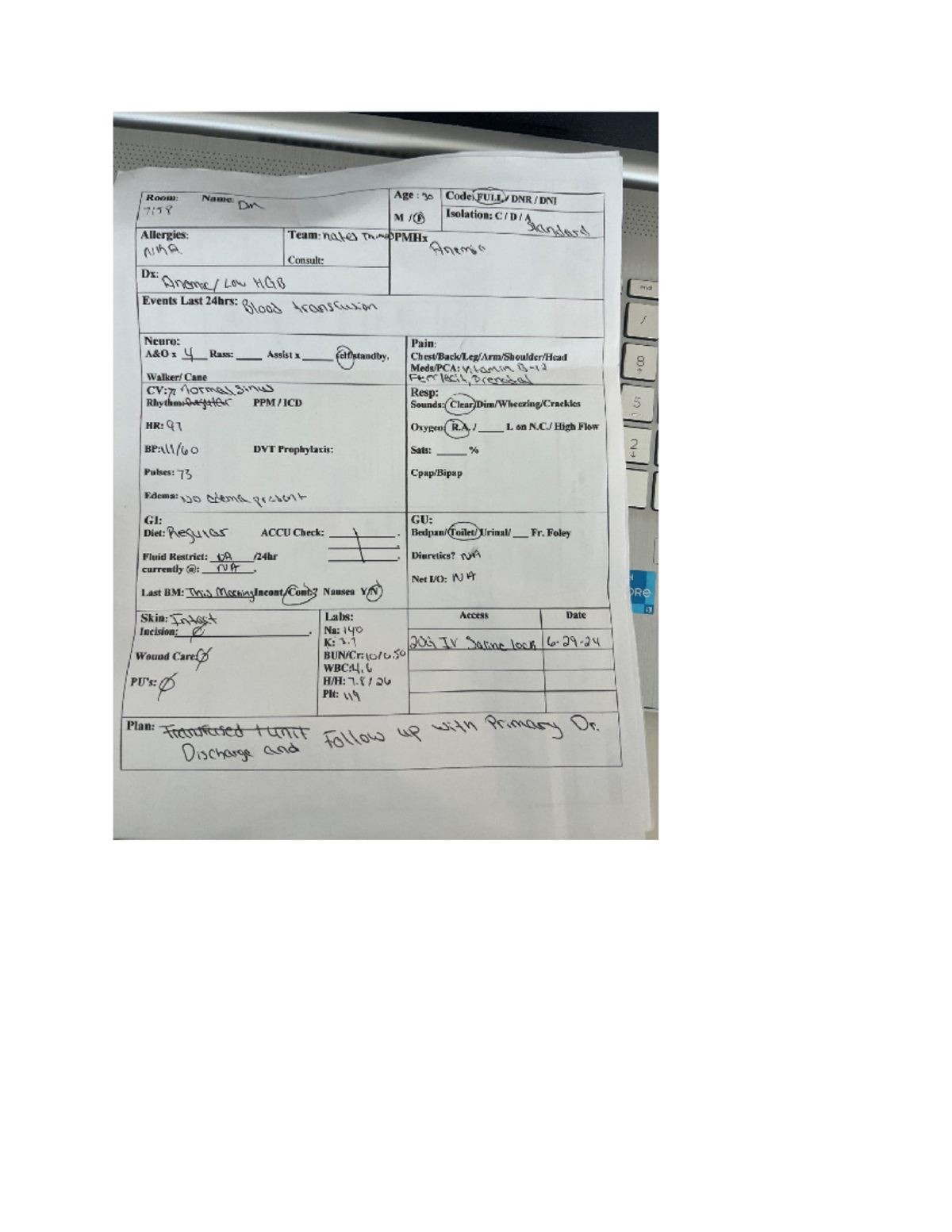 Doc1 - SBAR - Age: 30 Code FULLY DNR DNI Room: Name: Dn 7158 M F ...