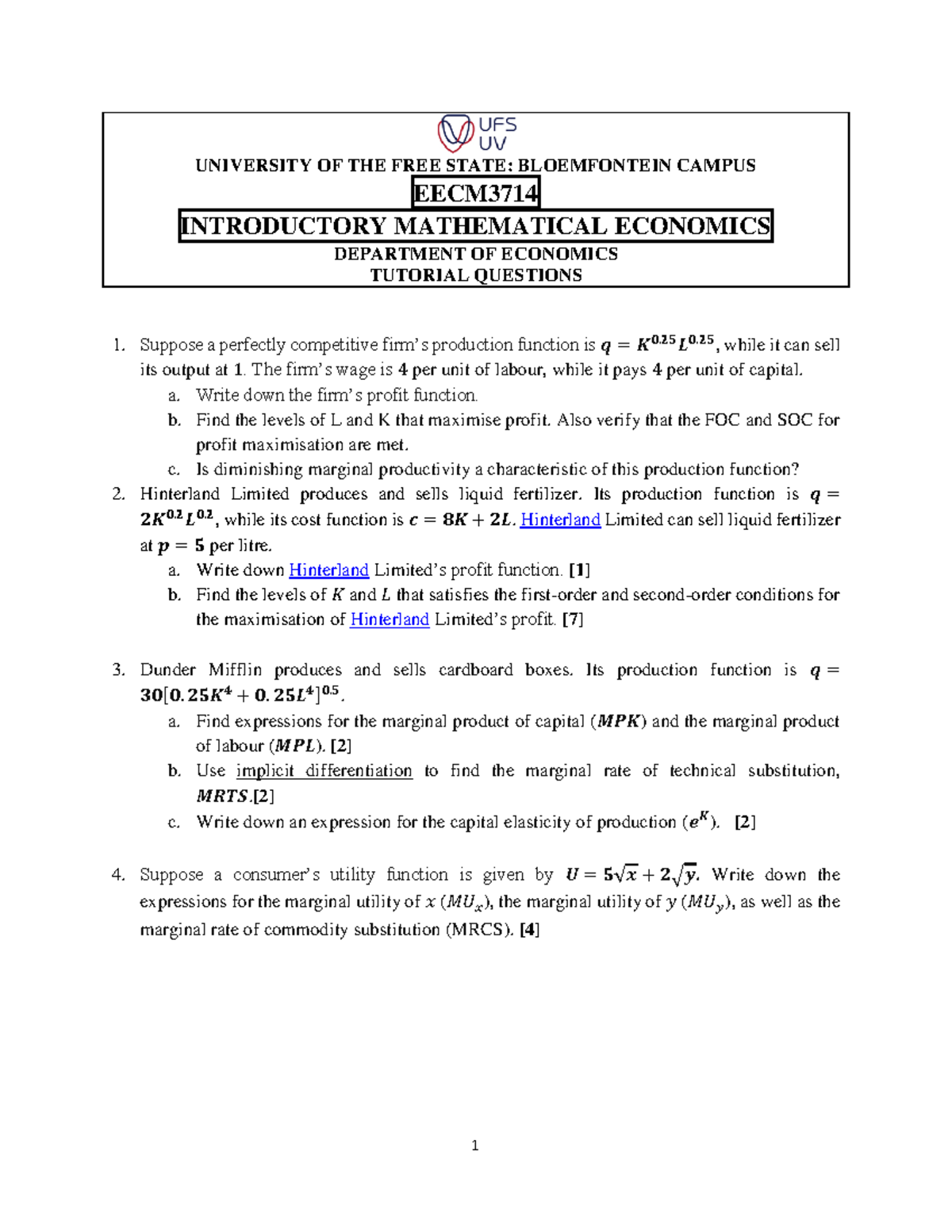 Tutorial Questions Unit 8 Students - 1 UNIVERSITY OF THE FREE STATE: BLOEMFONTEIN CAMPUS EECM ...