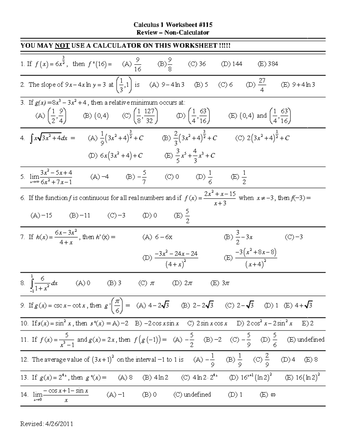 AB ws 115 Non Calculator - Calculus 1 Worksheet # - Studocu