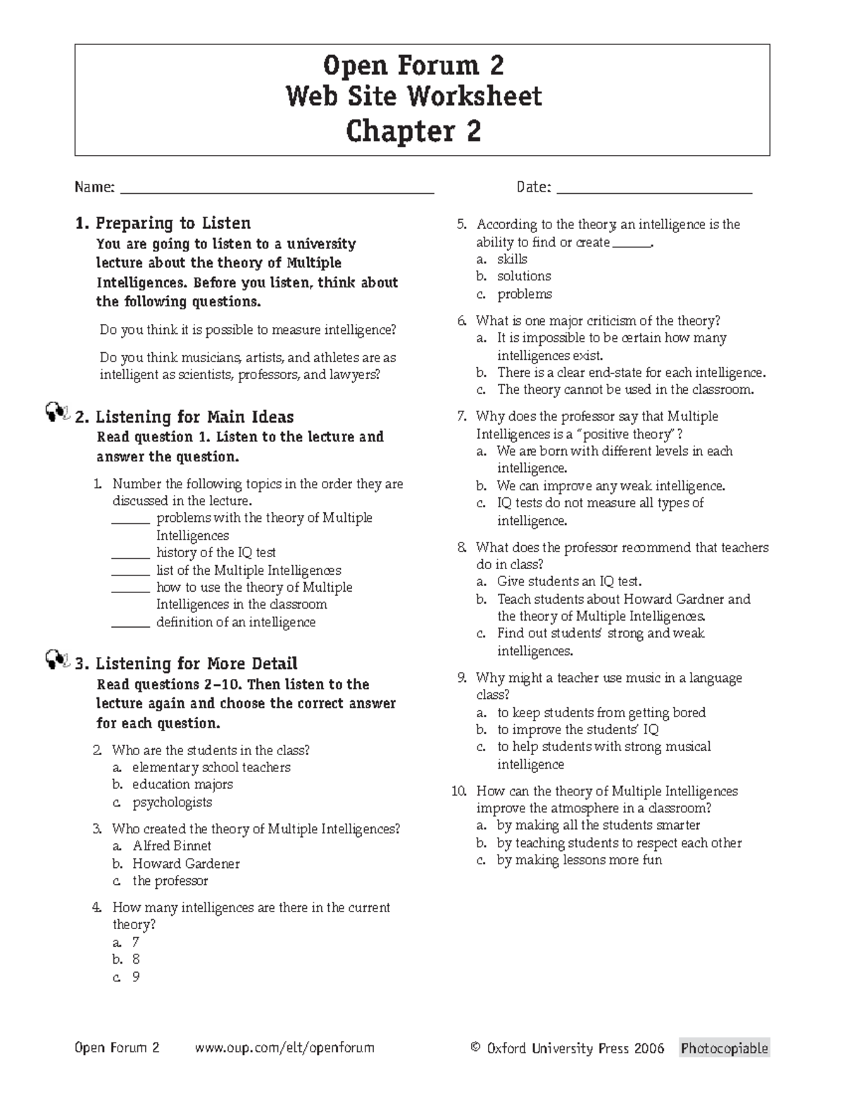 Unit2 listening - Open Forum 2 oup/elt/openforum Name: Date: © Oxford ...