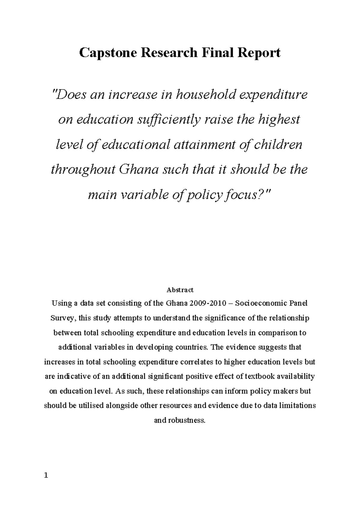 Capstone Final Report - Capstone Research Final Report "Does an increase in household - Studocu