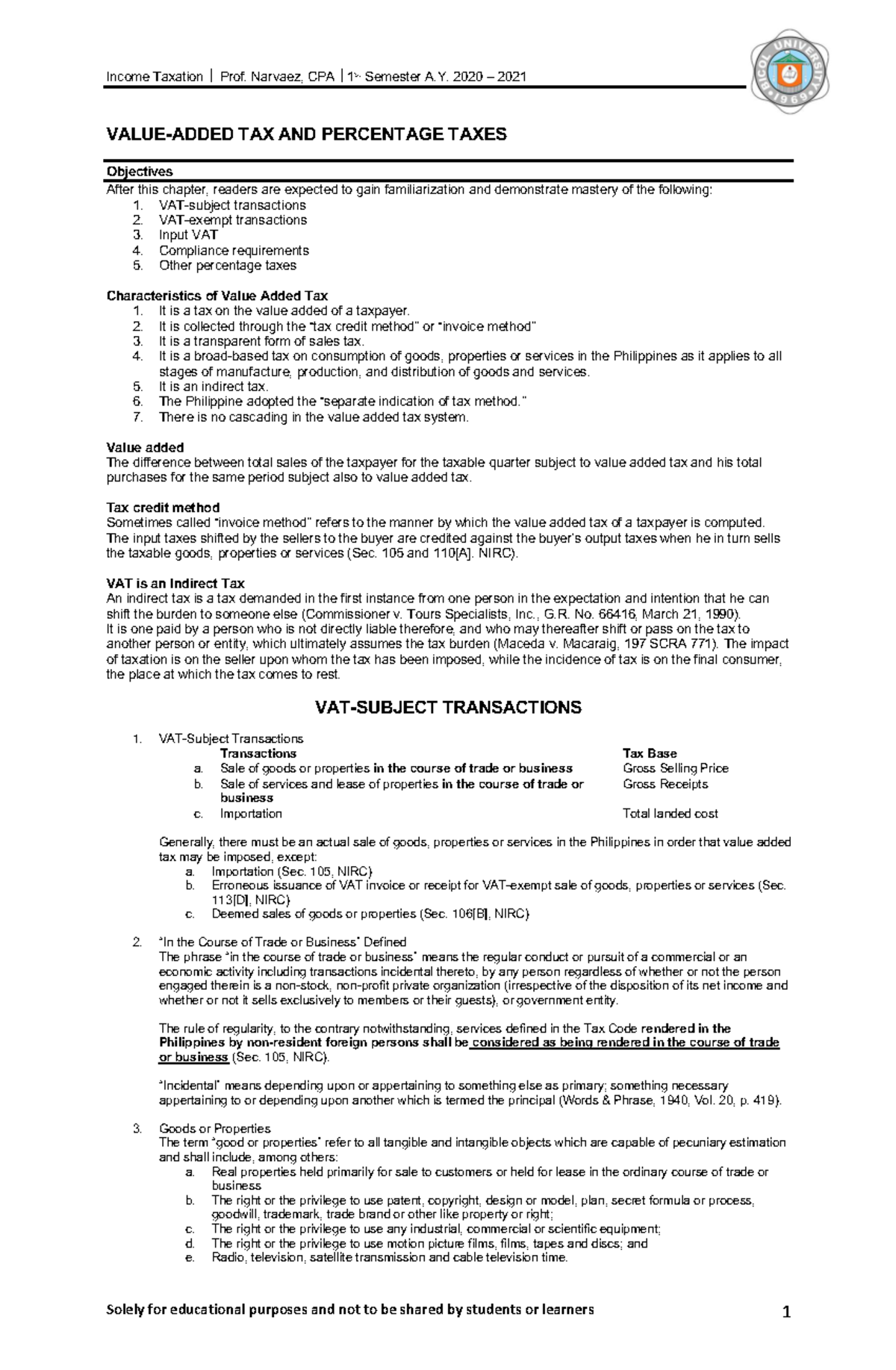 14 VAT AND OPT - Lecture notes 14 - VALUE-ADDED TAX AND PERCENTAGE ...