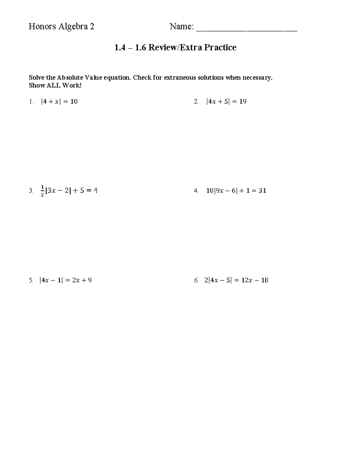 1.4-1.6 Extra Practice - Honors Algebra 2 Name ...