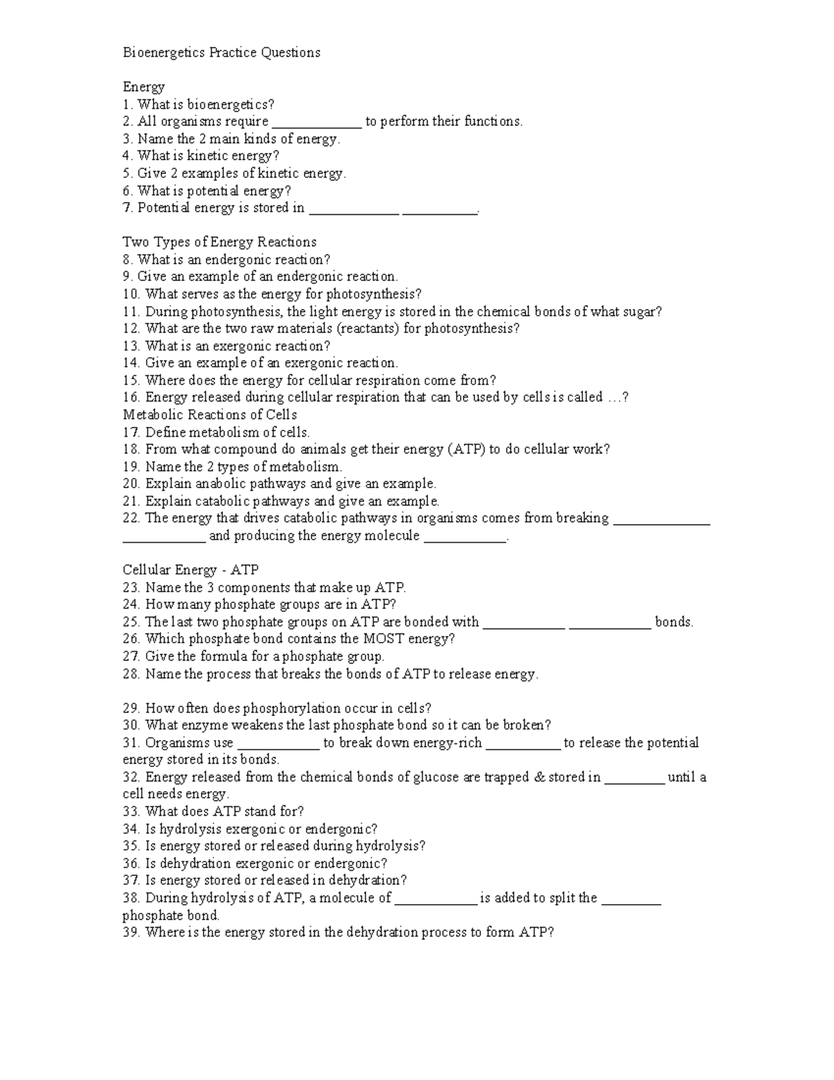 D. Bioenergetics Practice Questions - Bioenergetics Practice Questions ...