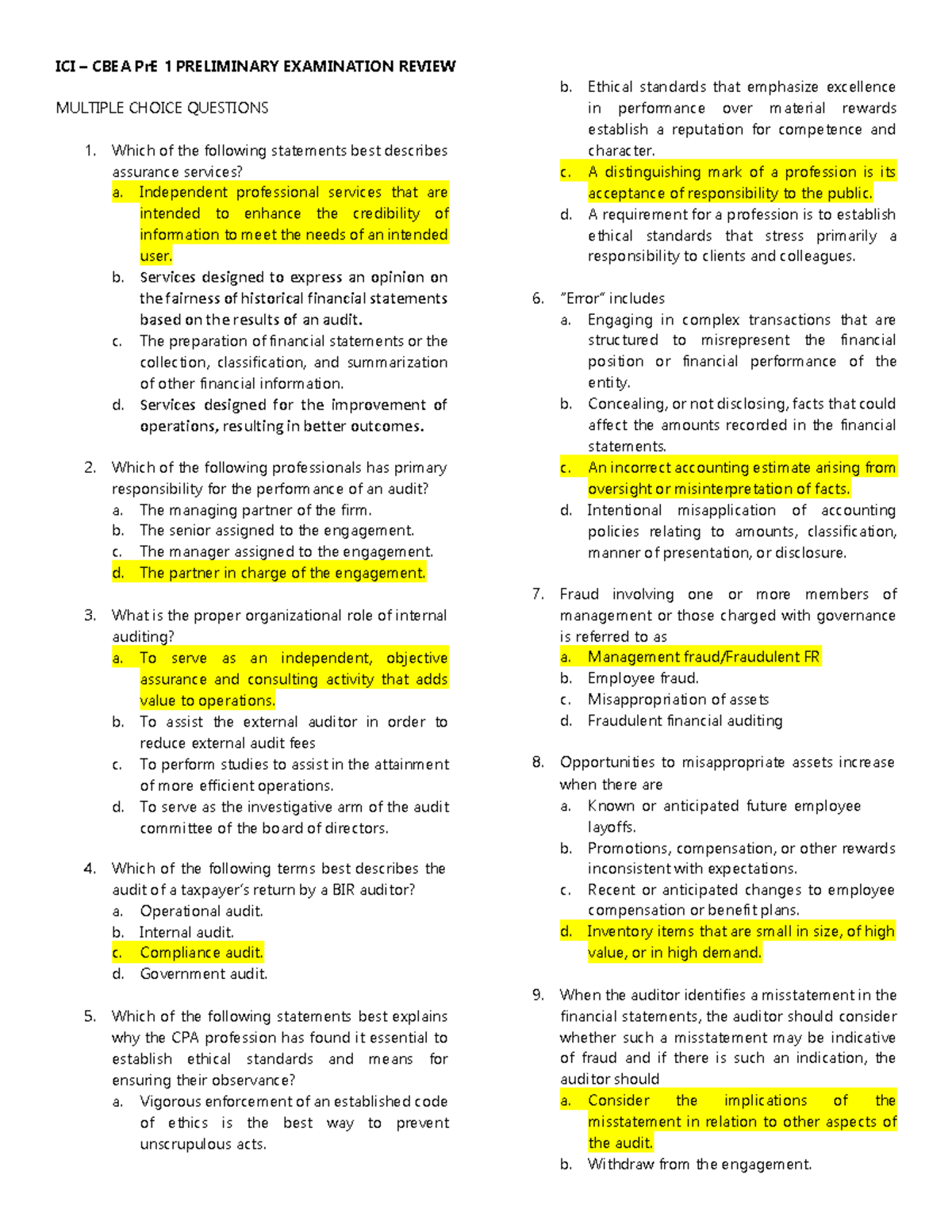 Pr E 1 Preliminary Exam Review 1 - ICI – CBEA PrE 1 PRELIMINARY ...