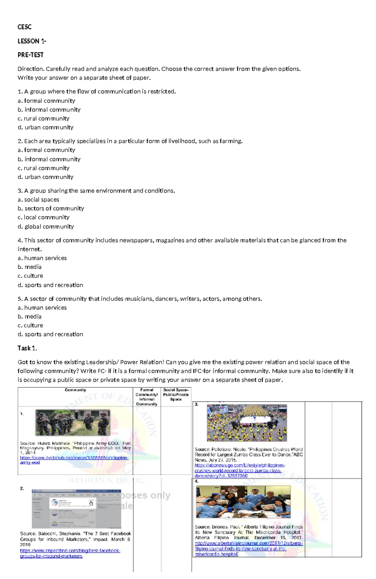 CESC ASSIGNMENTS - CESC LESSON 1- PRE-TEST Direction. Carefully read ...