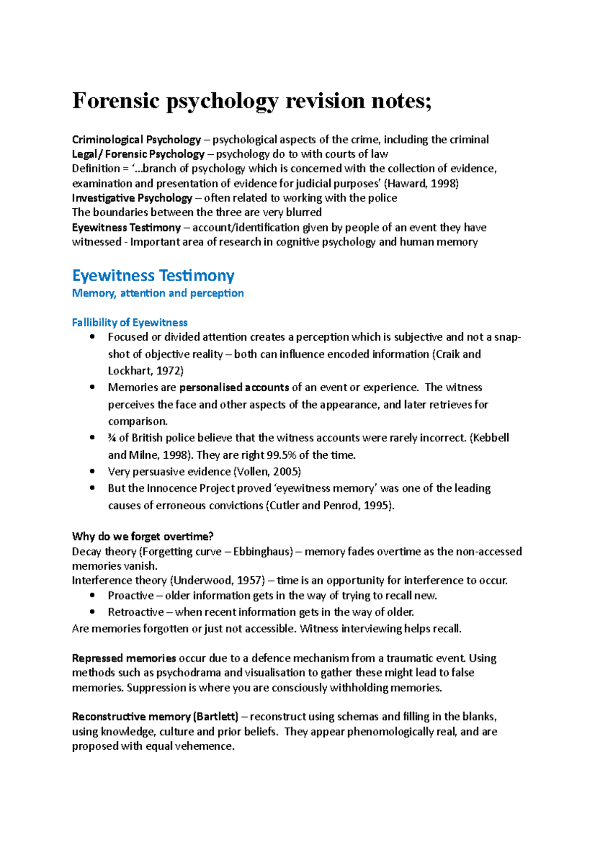 Revision Notes - Forensic psychology revision notes; Criminological ...