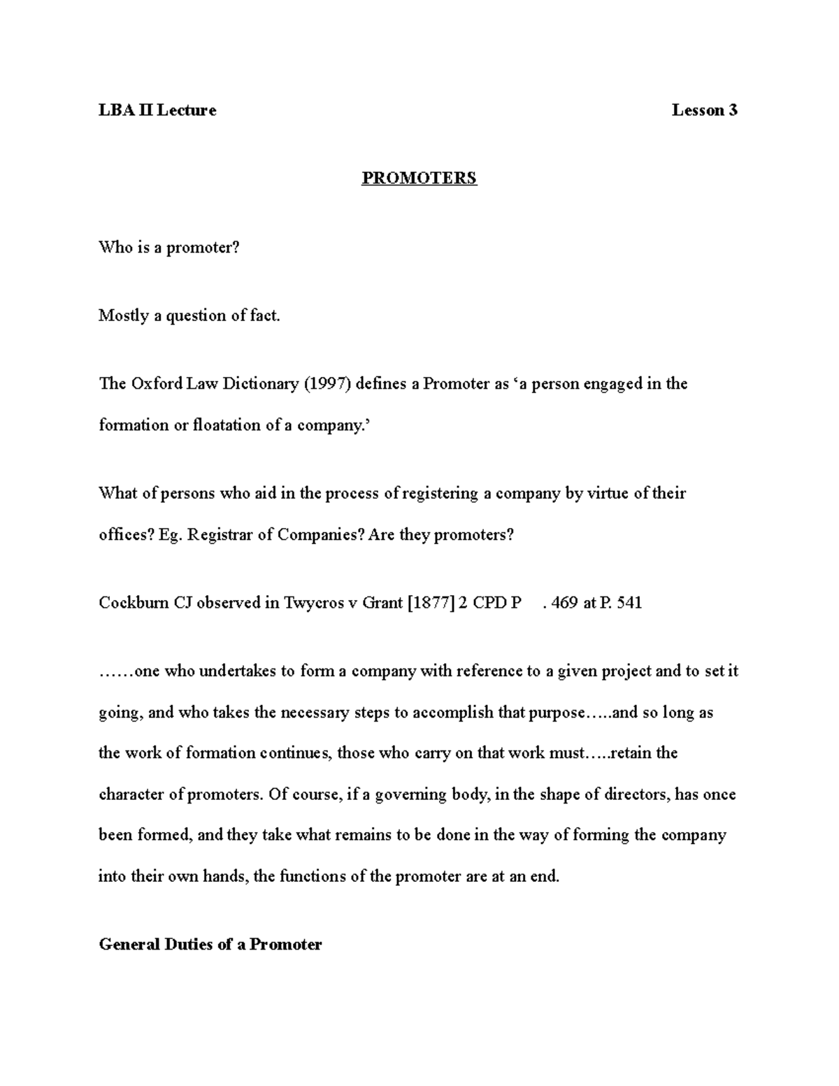 Lesson 3 - notes on company law - LBA II Lecture Lesson 3 PROMOTERS Who ...