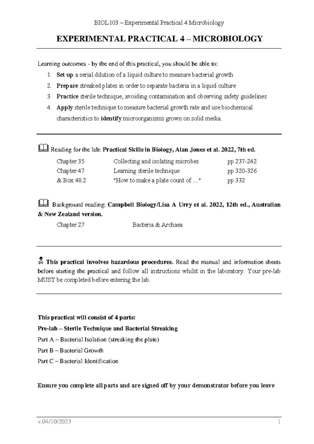 BIOL103 (2023) Experimental Practical 4 - Microbiology - EXPERIMENTAL ...
