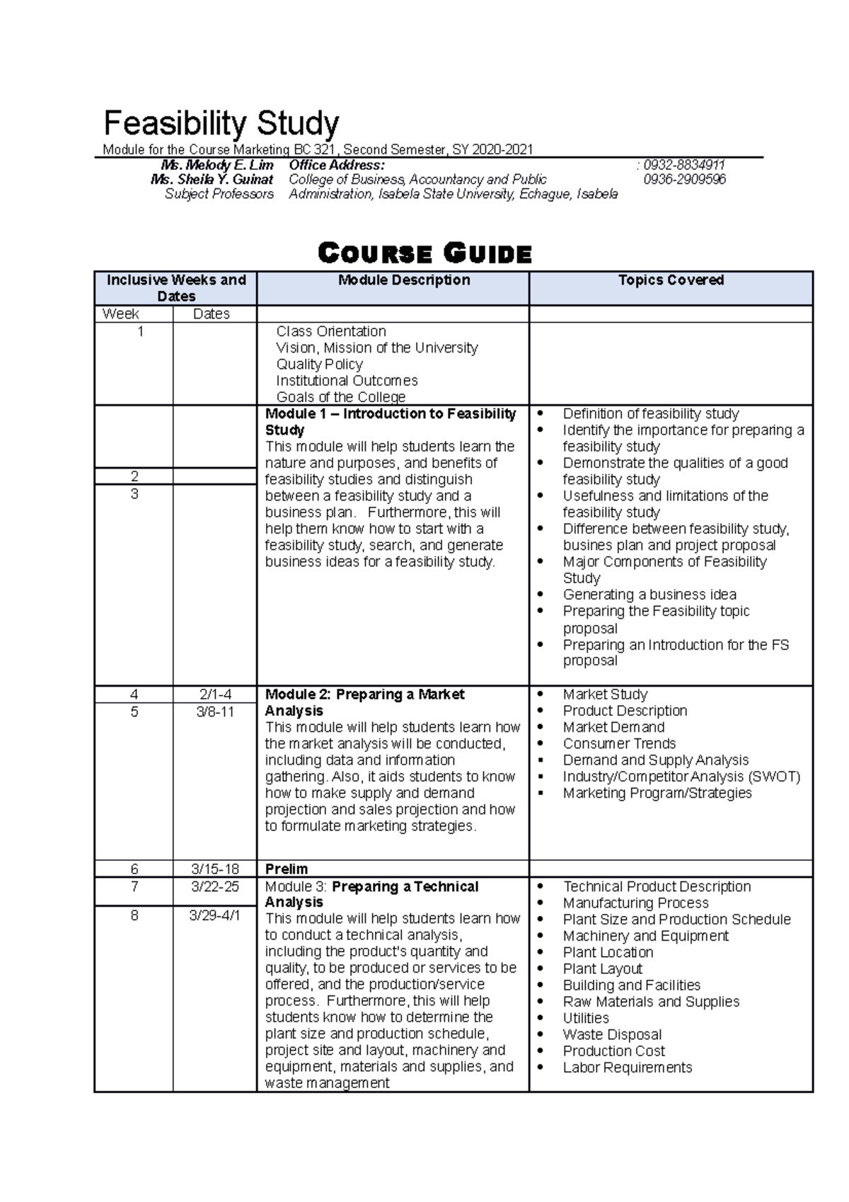 Course Guide Mktg FS - quick reference - Feasibility Study Module for ...