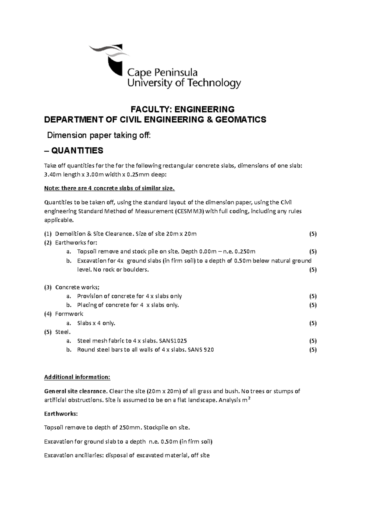 Class tutorial test Question - FACULTY: ENGINEERING DEPARTMENT OF CIVIL ...