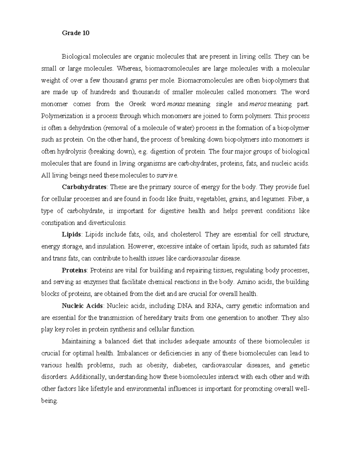 Reading-Biomolecules - Grade 10 Biological molecules are organic ...
