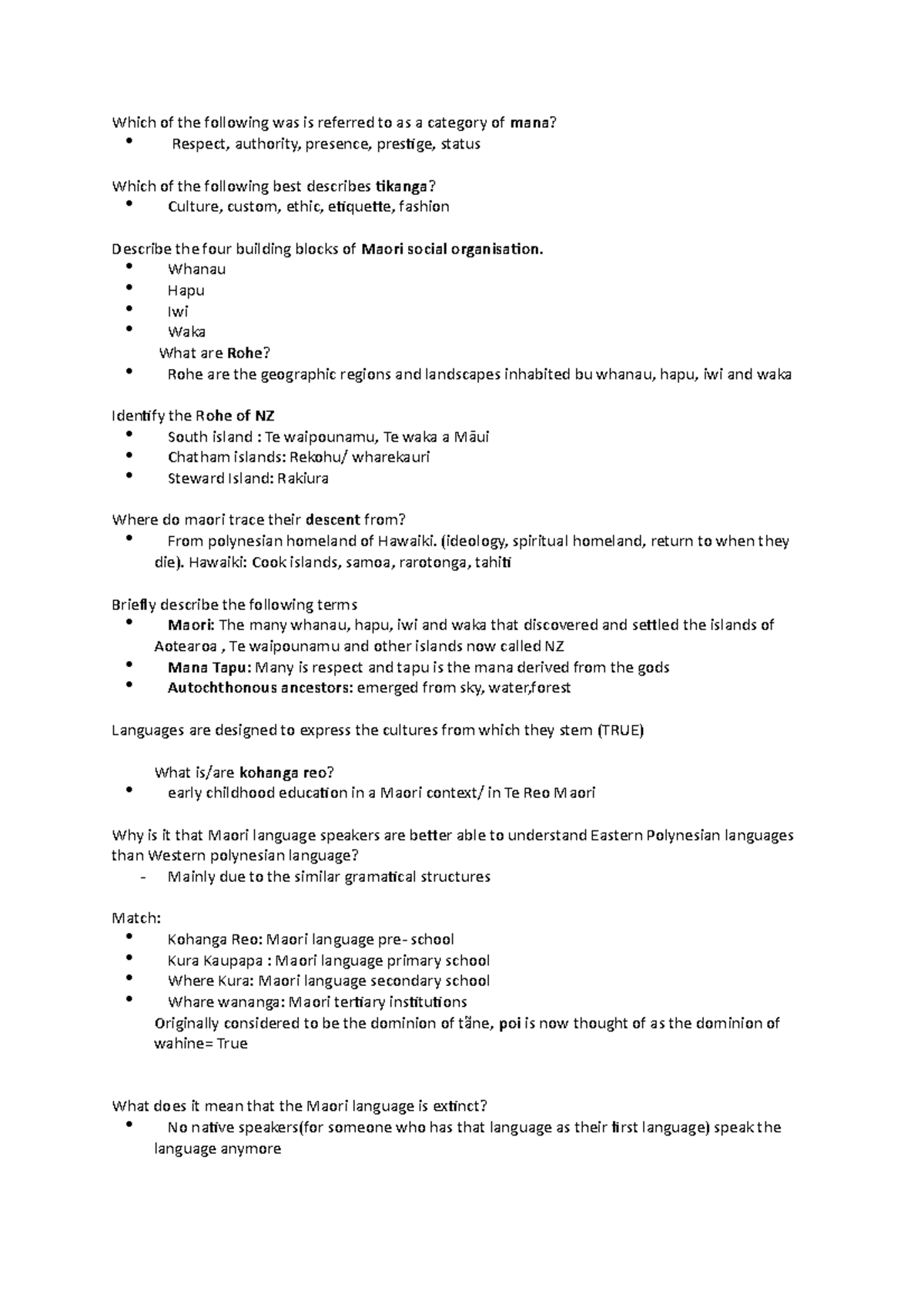 Maori Exam revision - notes - Which of the following was is referred to ...