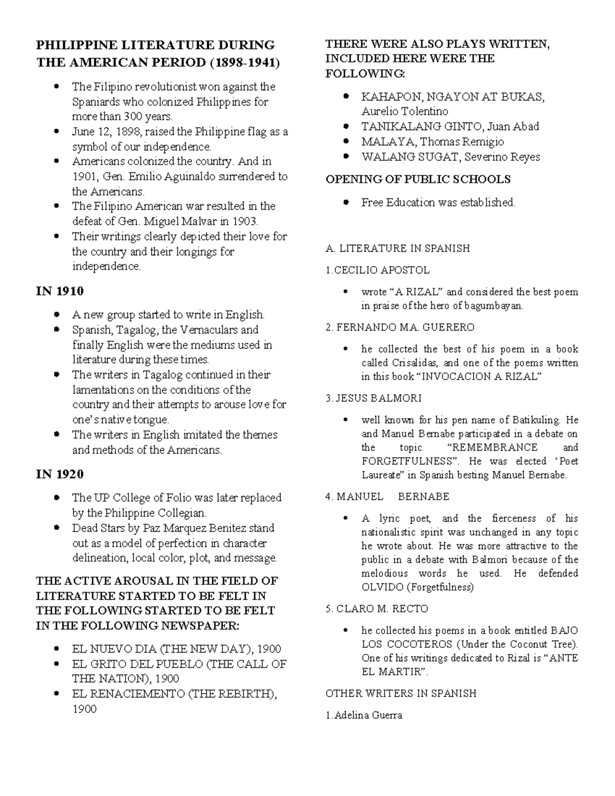 American-Regime-notes - PHILIPPINE LITERATURE DURING THE AMERICAN ...