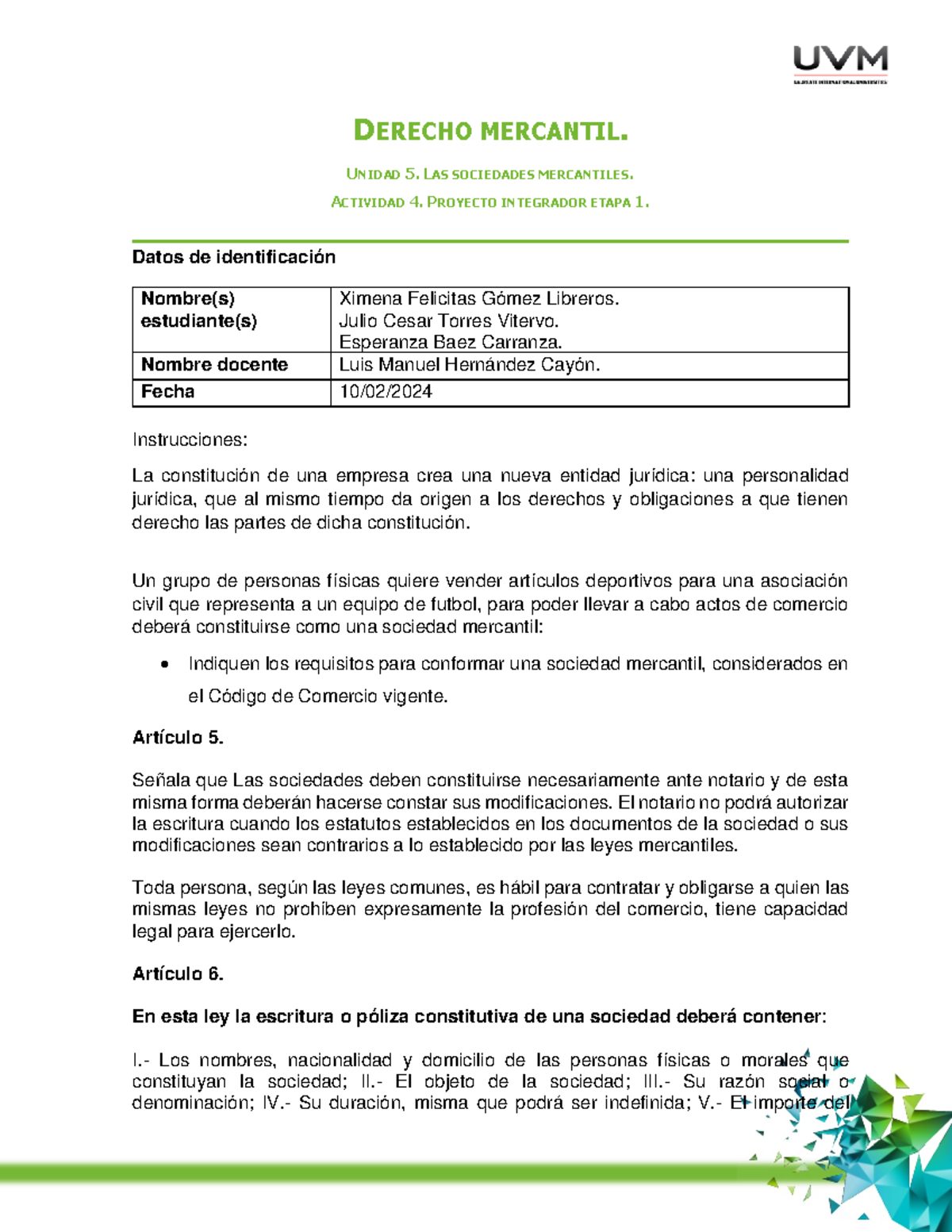 A4-proyecto integrador etapa 1 - DERECHO MERCANTIL. UNIDAD 5. LAS SOCIEDADES MERCANTILES ...