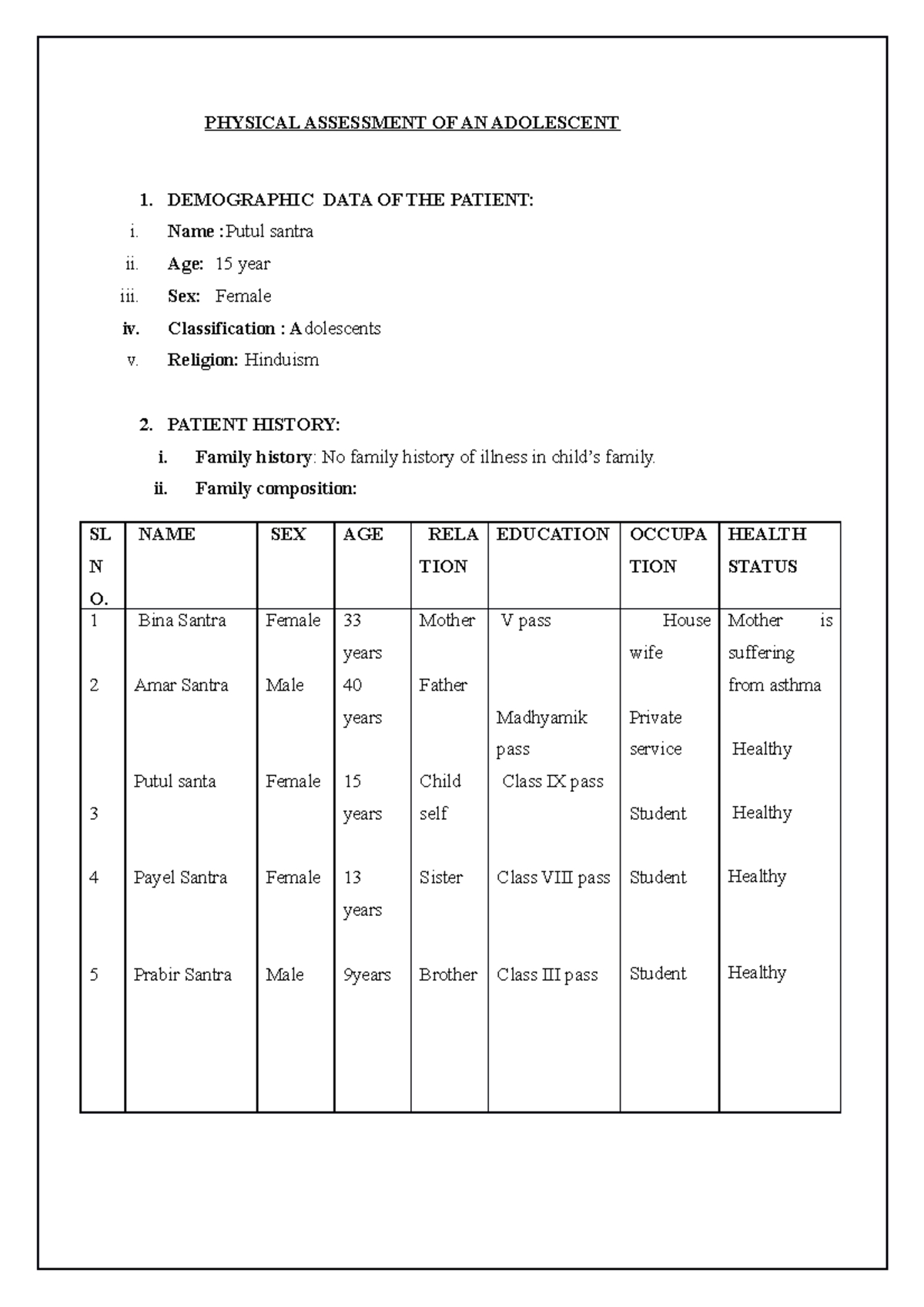 Physical assessment of an adolescent - PHYSICAL ASSESSMENT OF AN ...