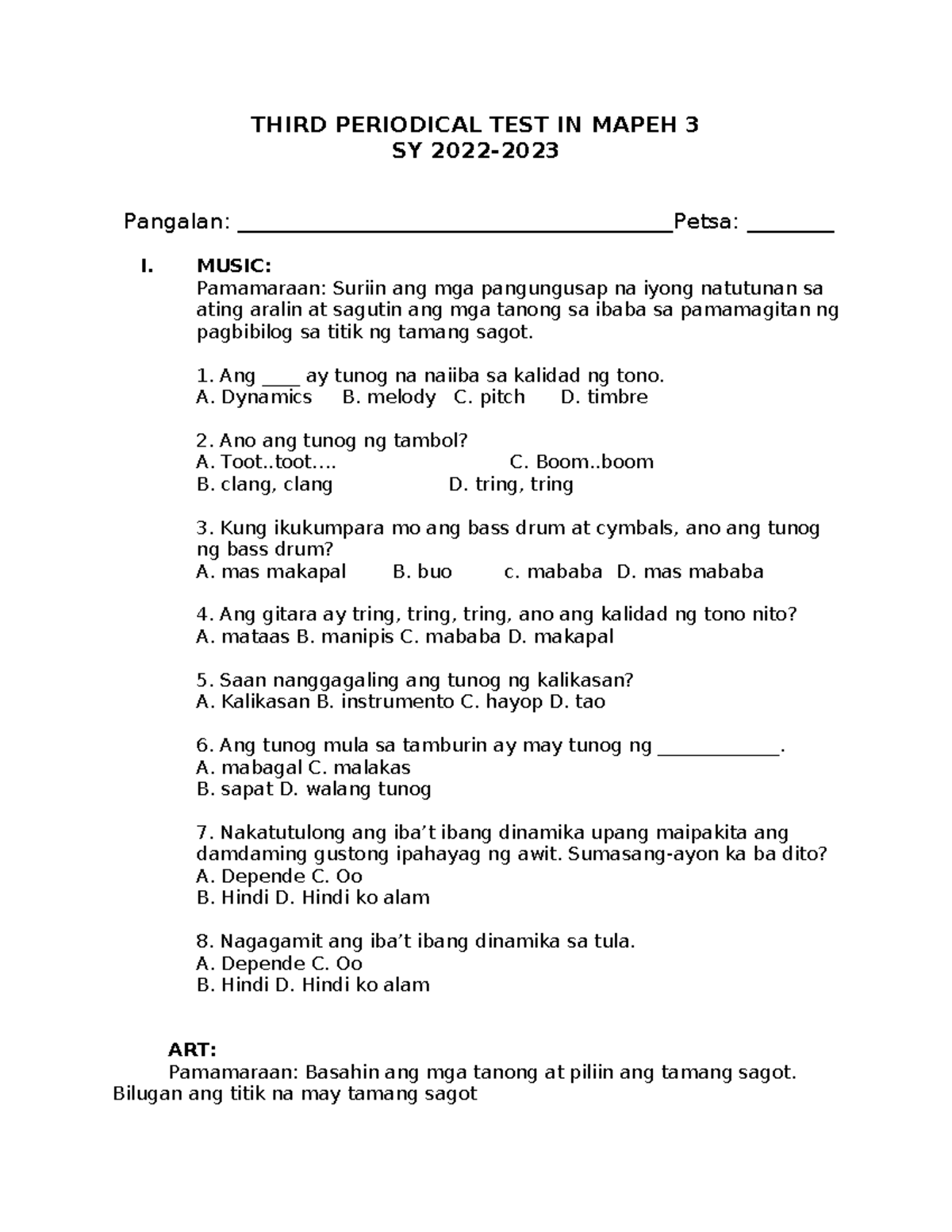 Third Periodical TEST IN Mapeh 3 - THIRD PERIODICAL TEST IN MAPEH 3 SY ...