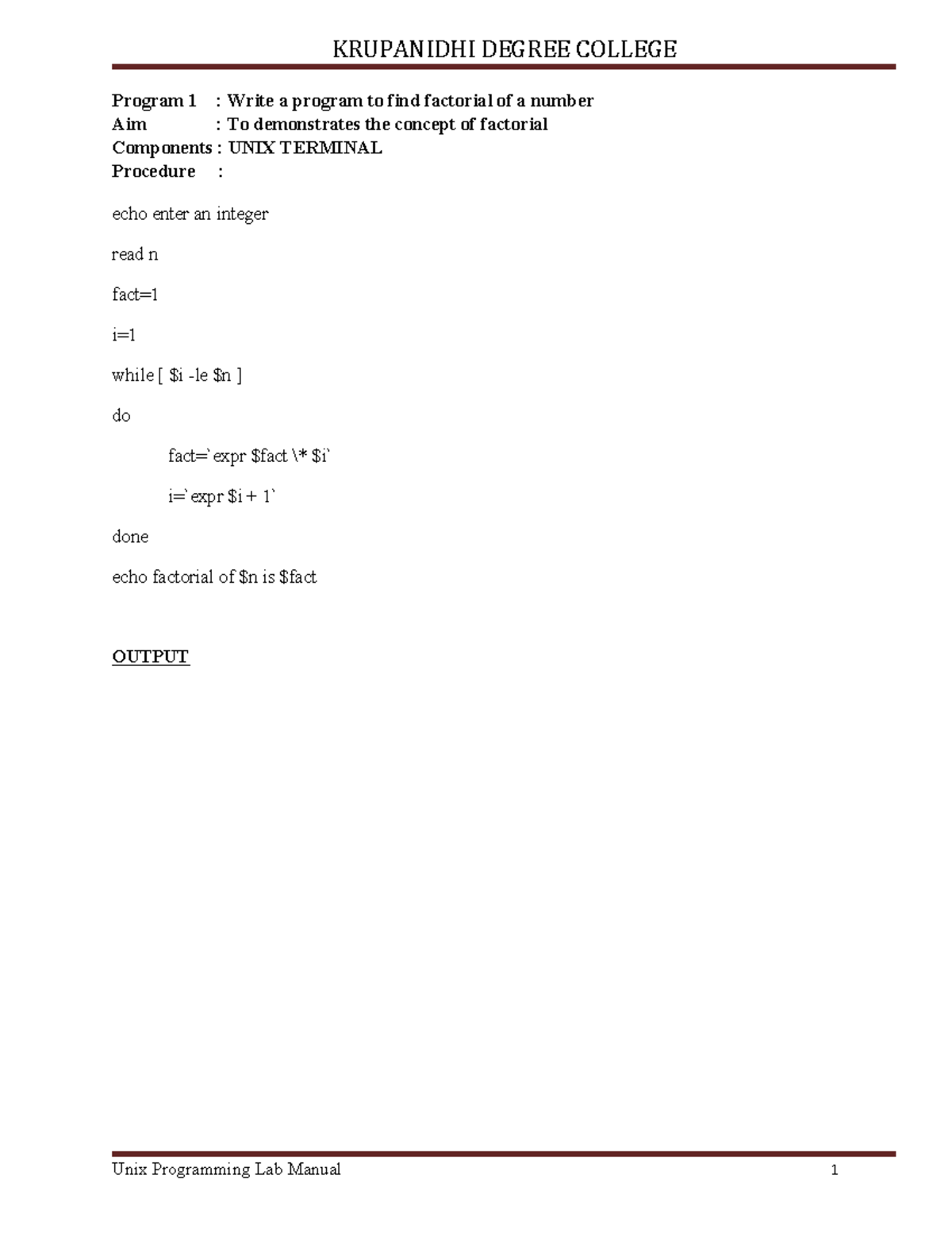 Unix lab - eeef - Program 1 : Write a program to find factorial of a ...