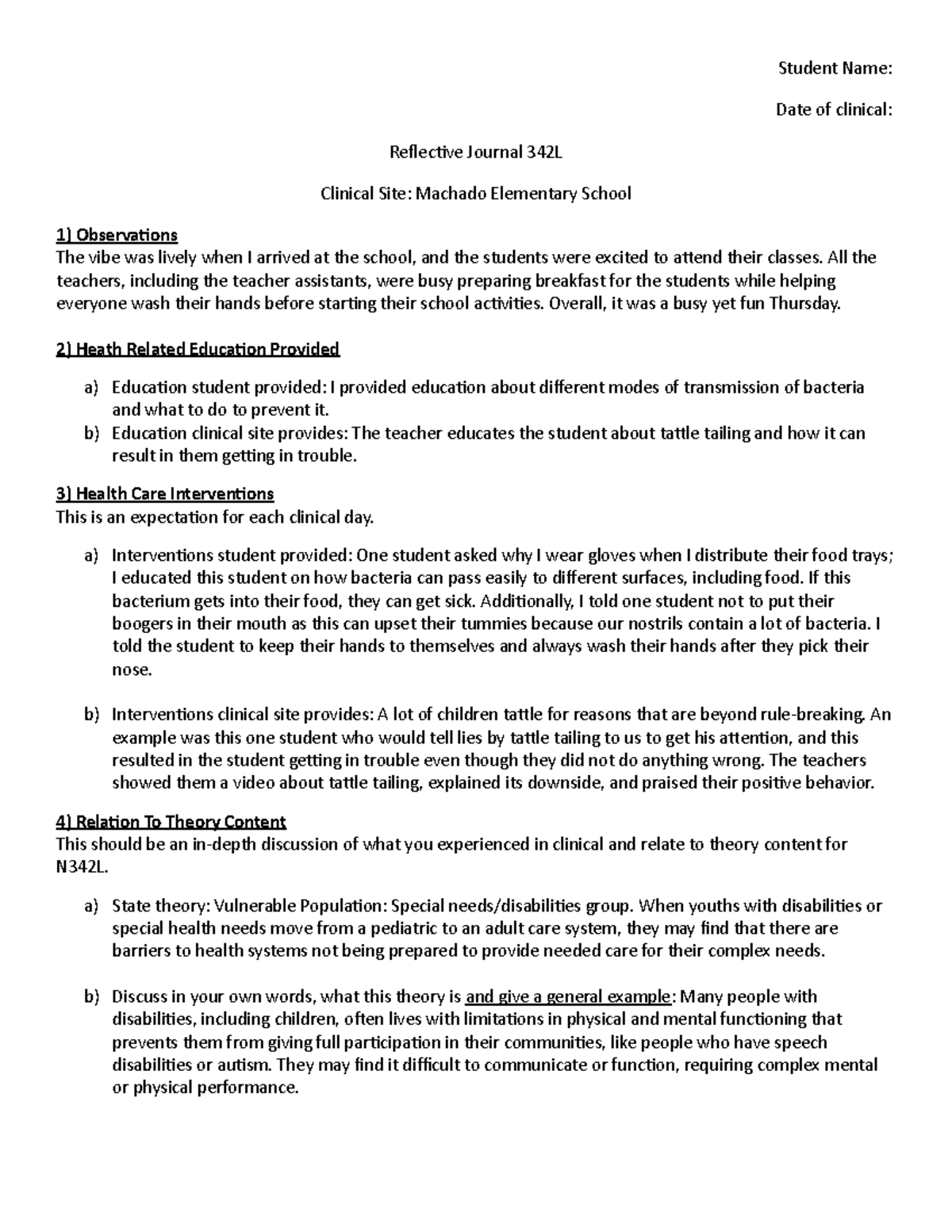 Reflection Journal 8 - Student Name: Date of clinical: Reflective ...