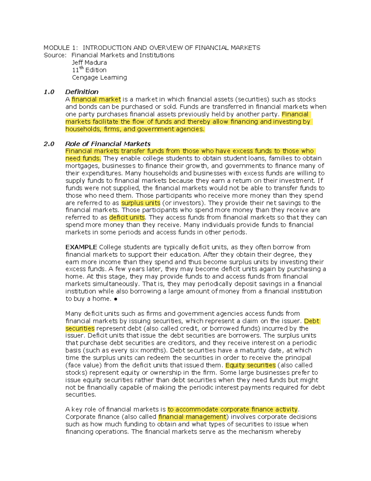 Module 1 Lecture notes (Jeff Madura) - Financial Markets - University ...