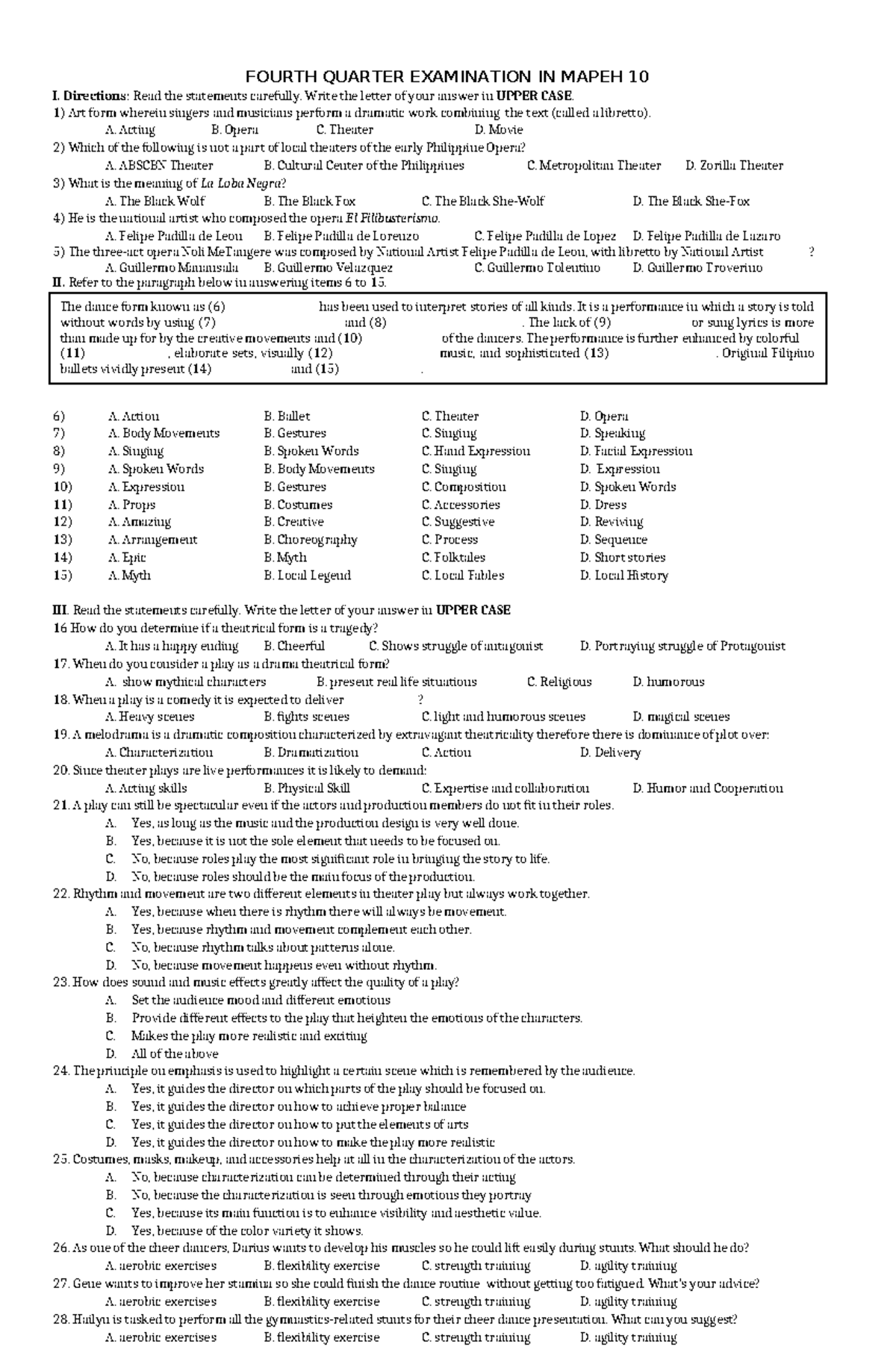 Q4 EXAM Mapeh 10 2023-2024 - FOURTH QUARTER EXAMINATION IN MAPEH 10 I. Directions: Read the ...