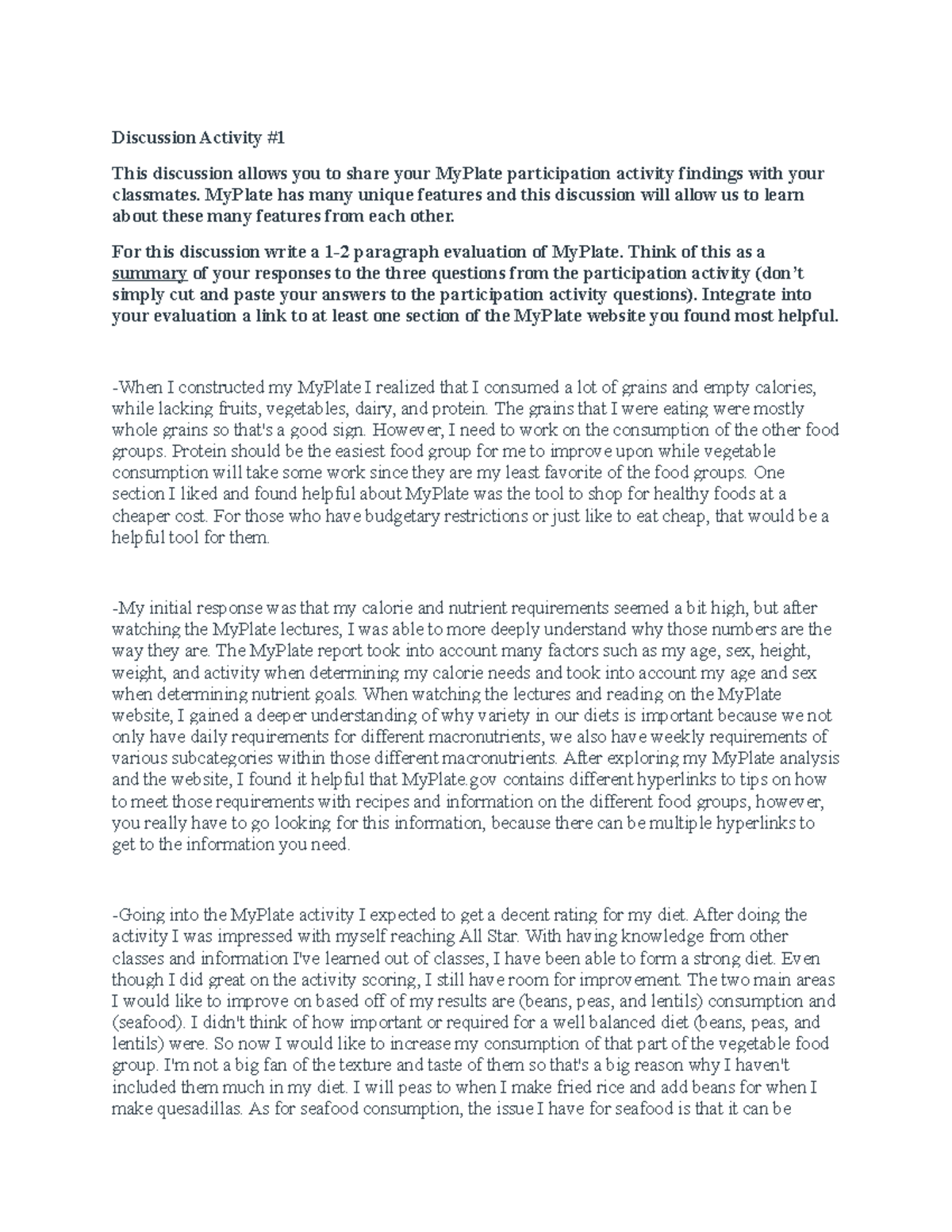 Nutrition Discussion 1 - Discussion Activity # This discussion allows ...