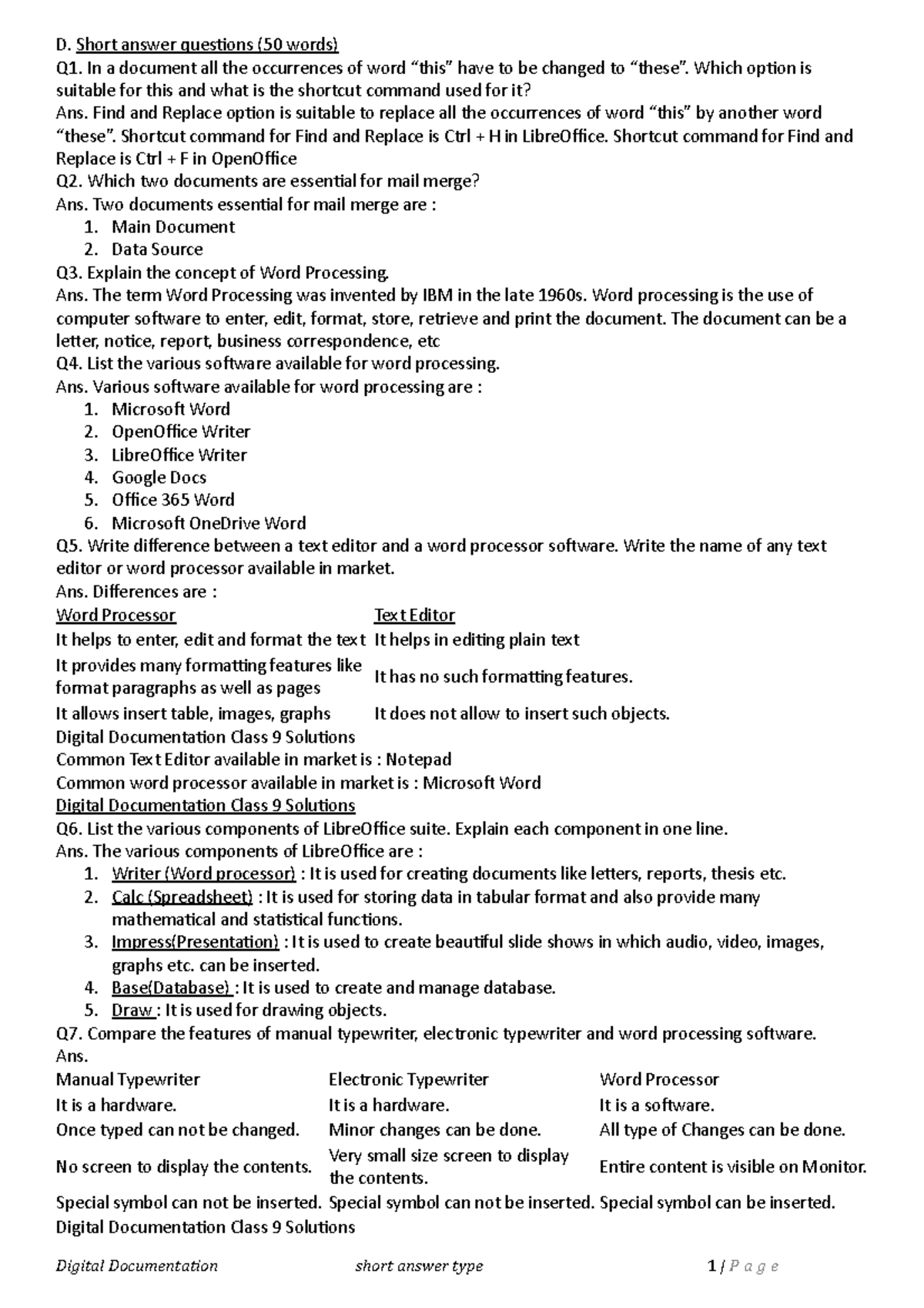Digital Documentation short answer - D. Short answer questions (50 ...