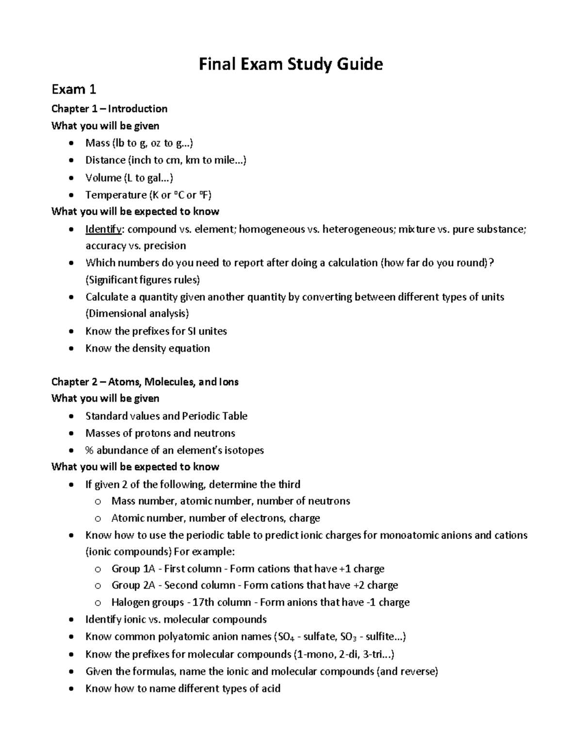 Final Exam Study Guide - Final Exam Study Guide Exam 1 Chapter 1 ...