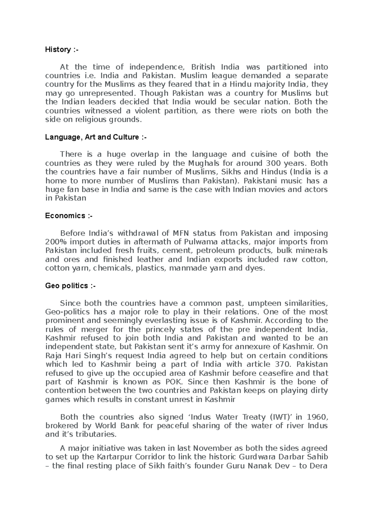 India pak relations - guide - History :- At the time of independence ...