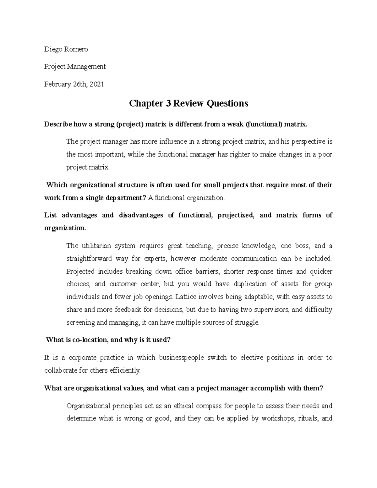 Chapter 3 REview Questions - Diego Romero Project Management February ...
