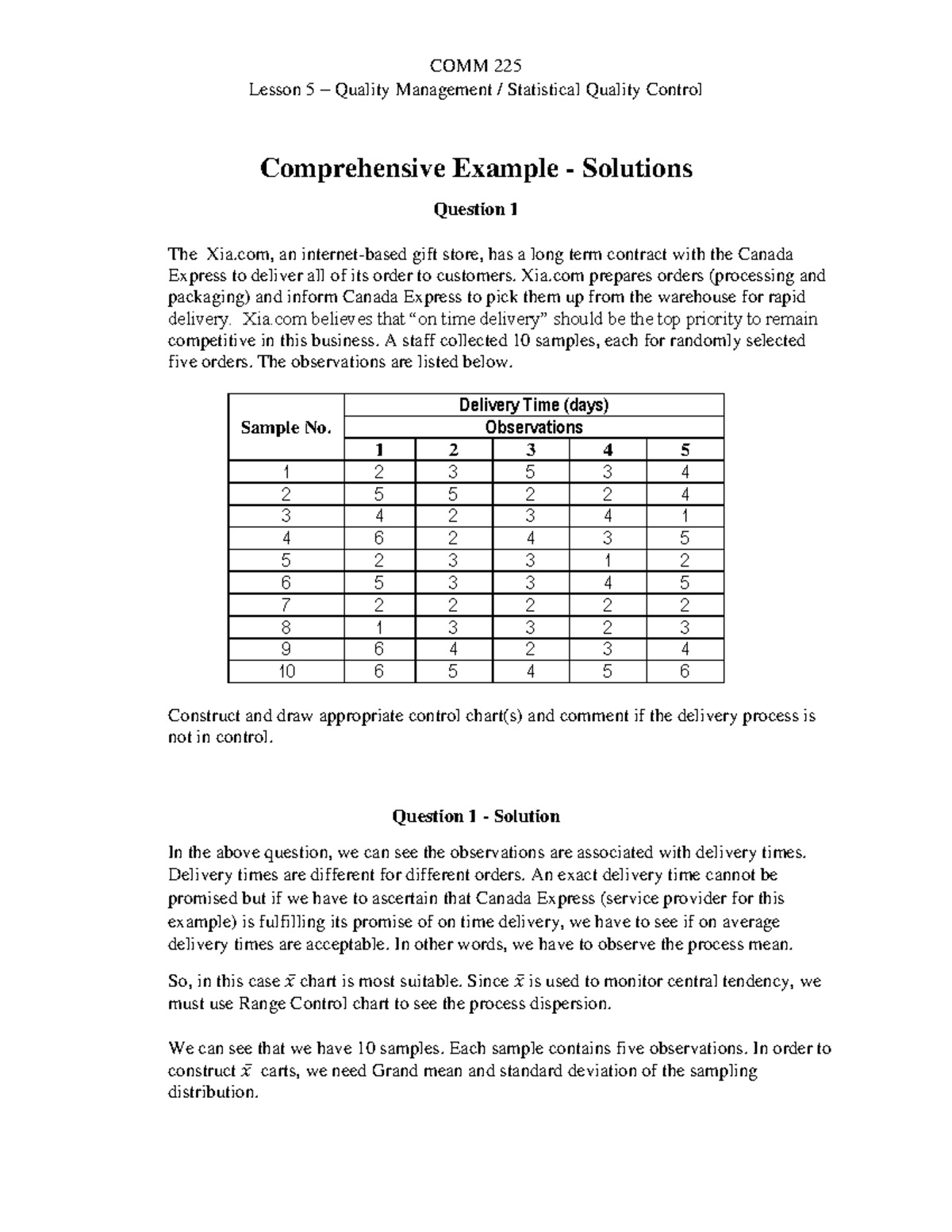 COMM225 L5 531 Solutions - Lesson 5 – Quality Management / Statistical ...