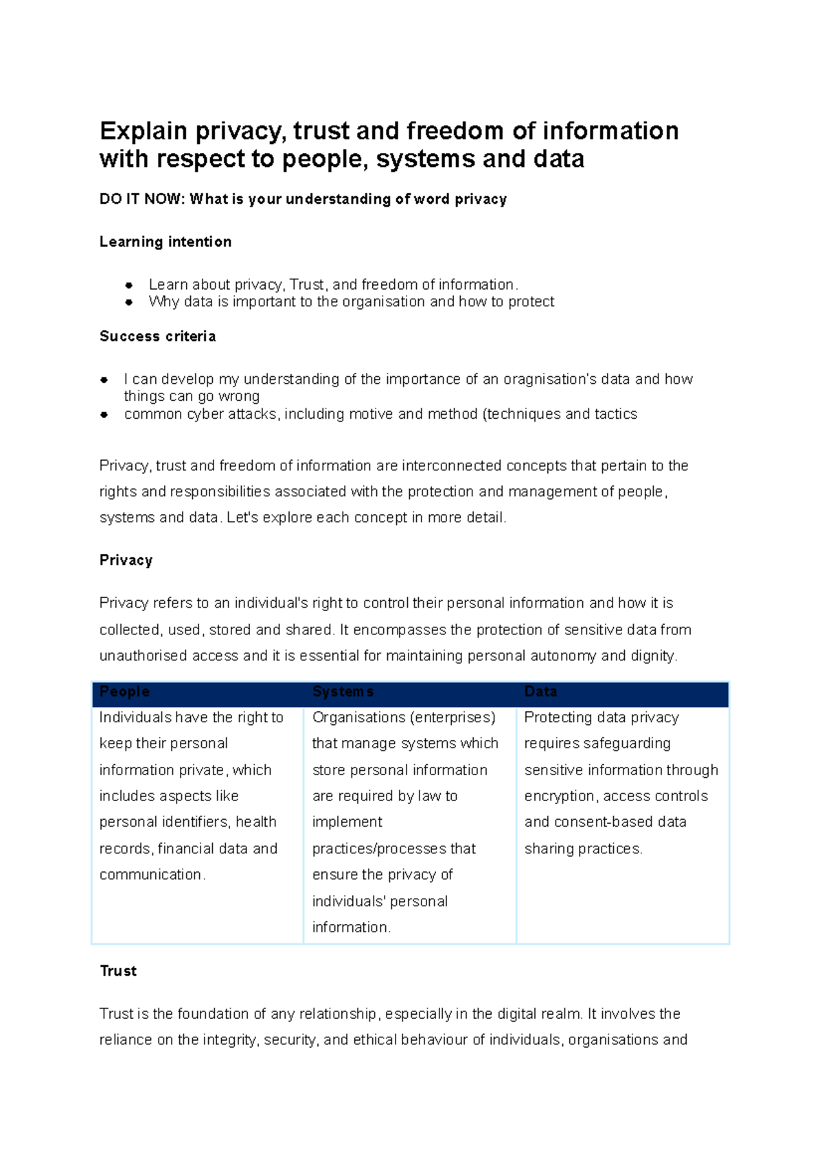Jia Patel - Week 2- 3 - ec notes - Explain privacy, trust and freedom ...